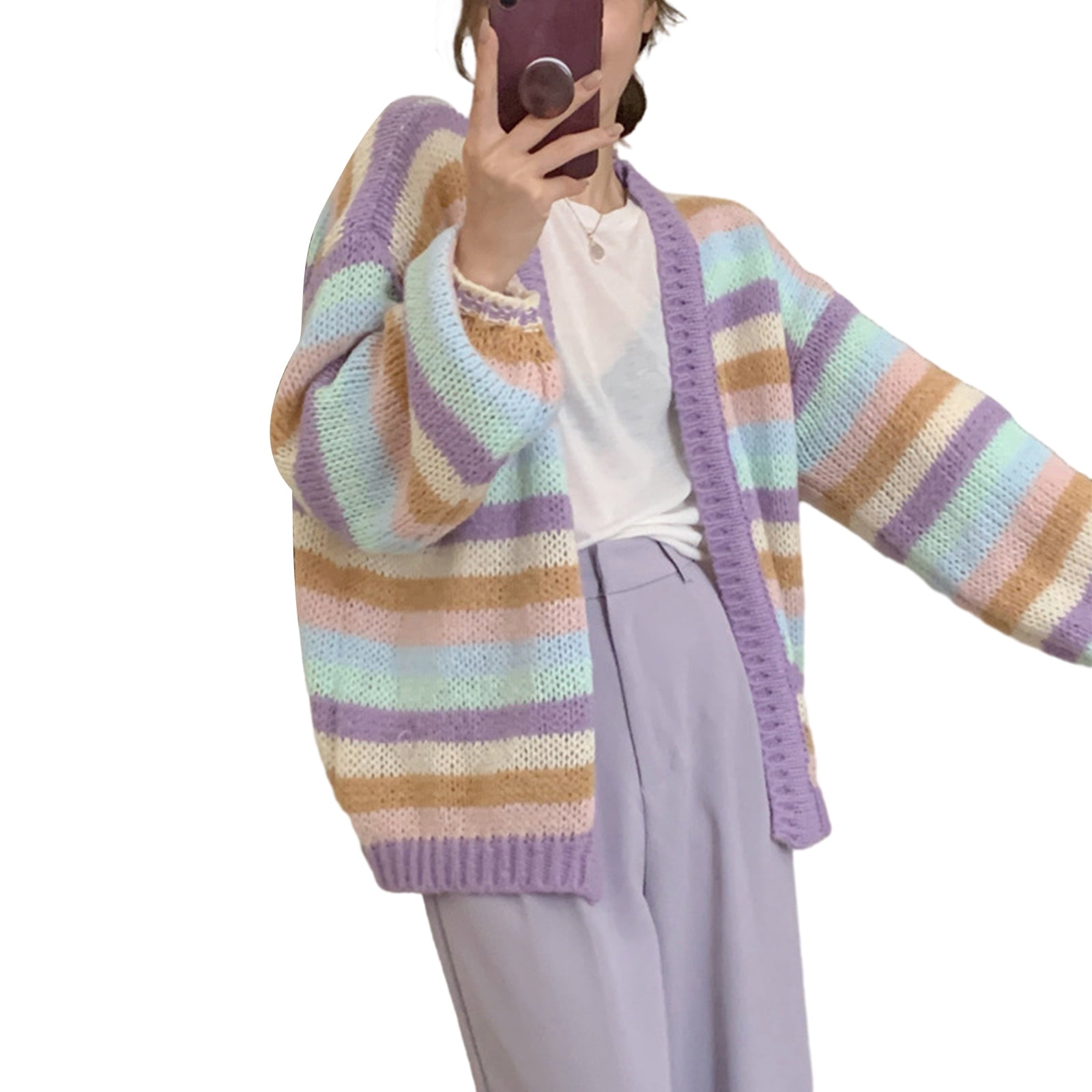 Oversized Loose Knitwear Cardigan for Women Long Sleeve Rainbow Striped ...