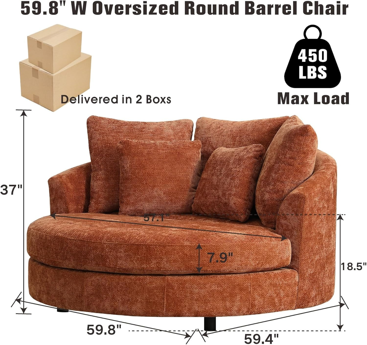 Oversized Lounge Chair with Wheels, 59.8" Large Round Chair, Orange ...