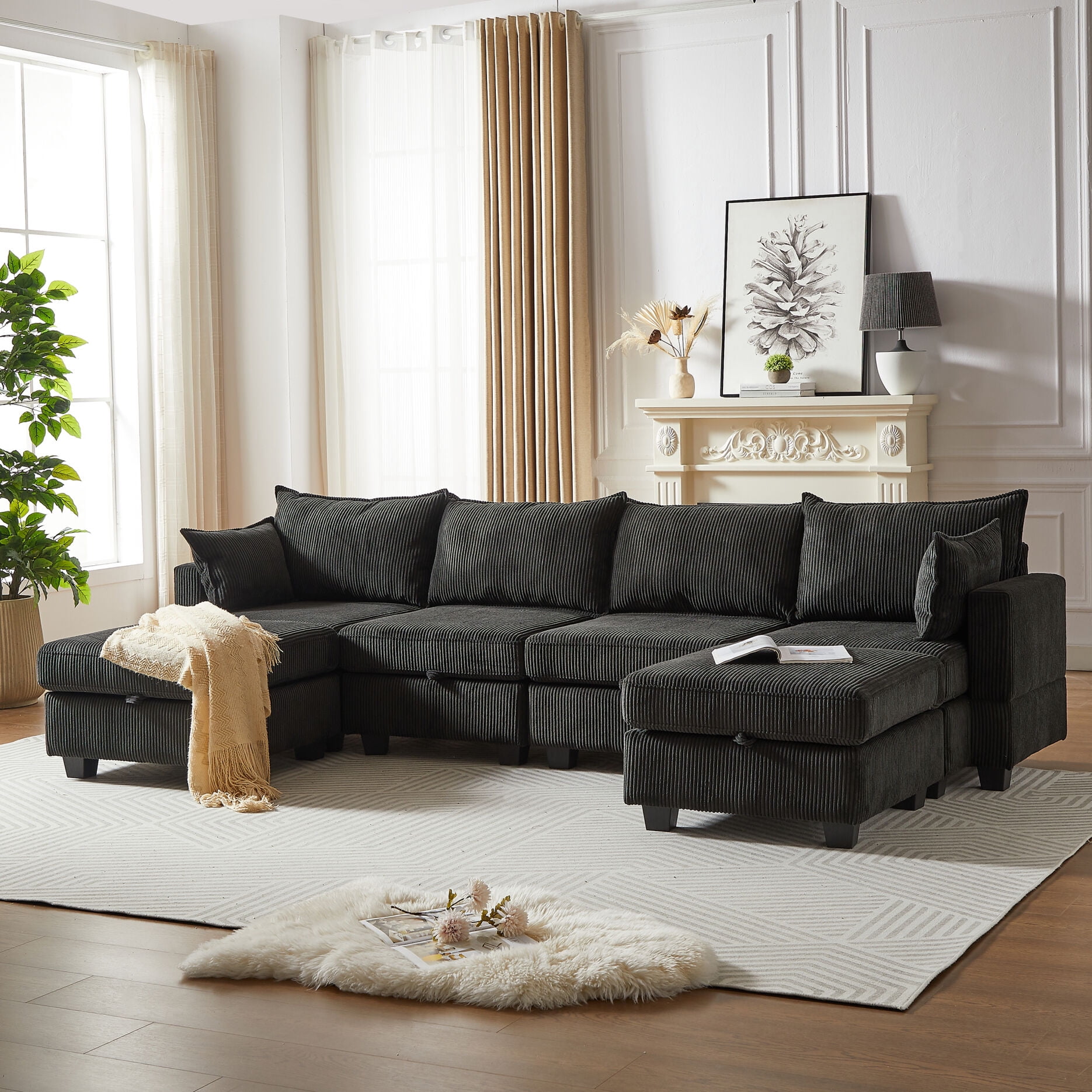 Oversized Modular Sectional Corduroy Sofa 6 Seat with Storage Ottoman U Shaped Chaise Lounge Sofa Couch with Waist Pillows Pillows Sofa Sleeper Comfy Upholstered Furniture for Living Room Black Walmar...