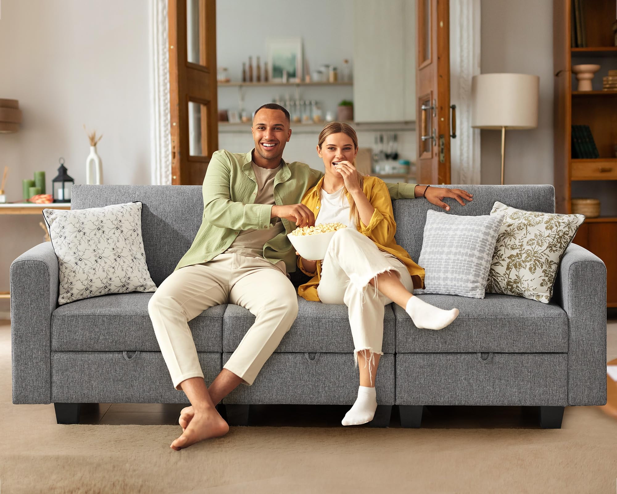 Oversized Modular Sofa Couch with Seats Storage, Comfy 3-Seater Linen ...