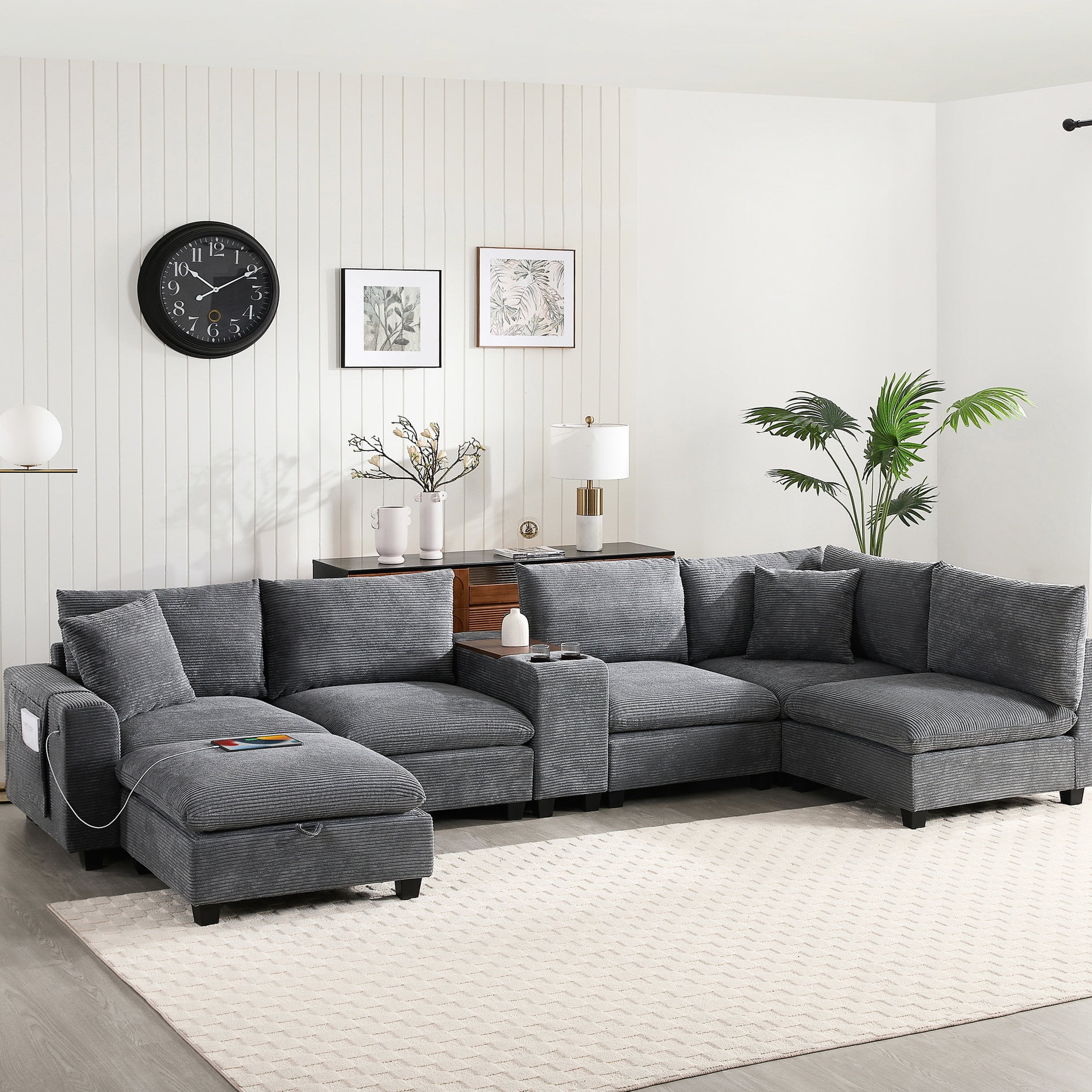 Oversized Modular Sofa with Removable Storage Pockets and USB Charger ...