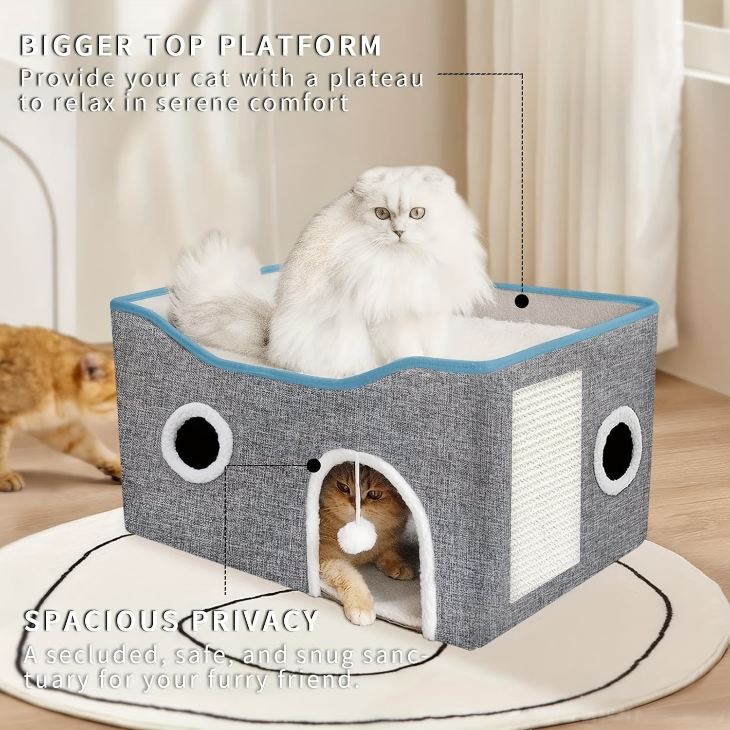 Oversized Multi-Level Cat House - Foldable Cave with Hanging Toy and ...