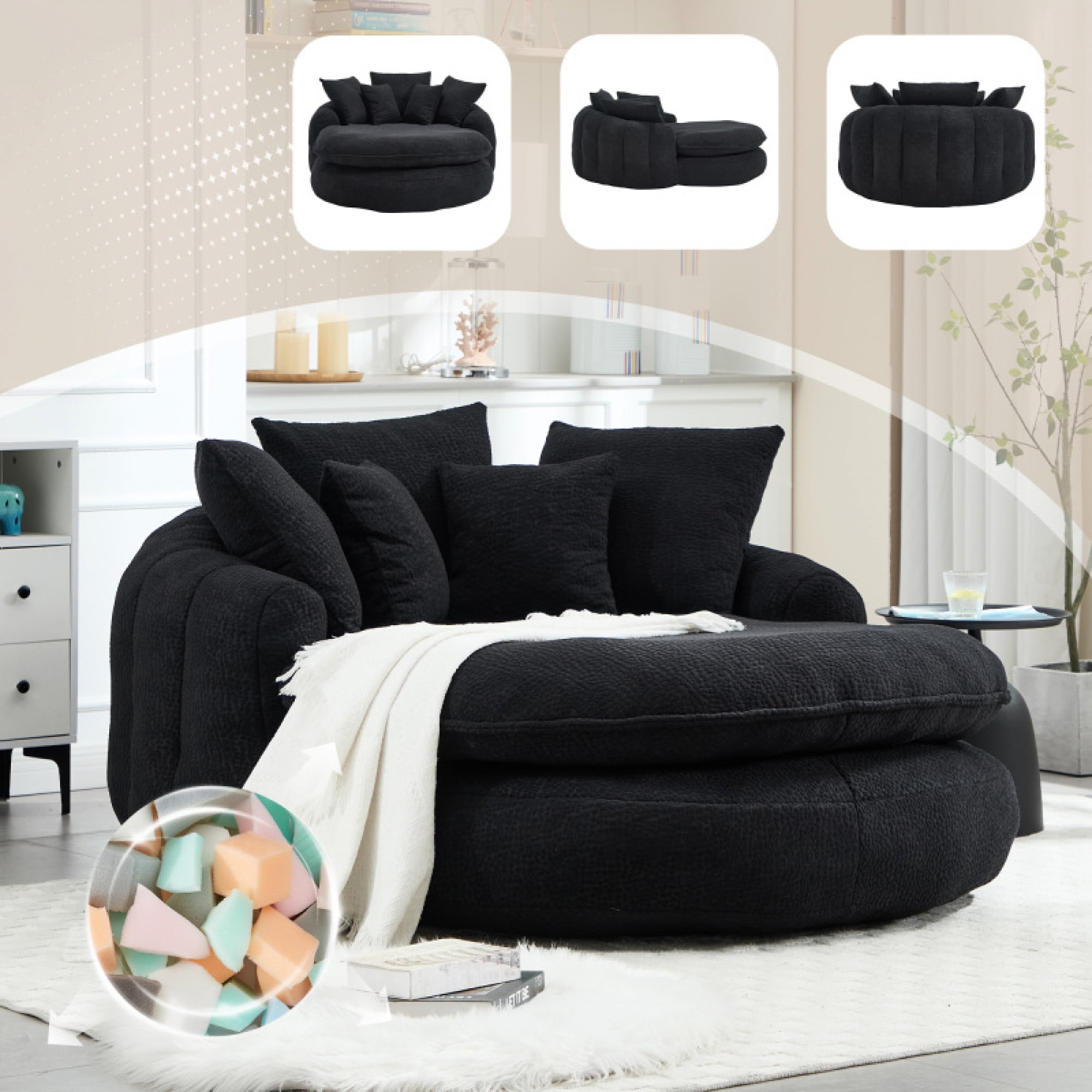 Oversized Oval Upholstered Bean Bag Sofa, Lazy Sofa with 3 Large ...