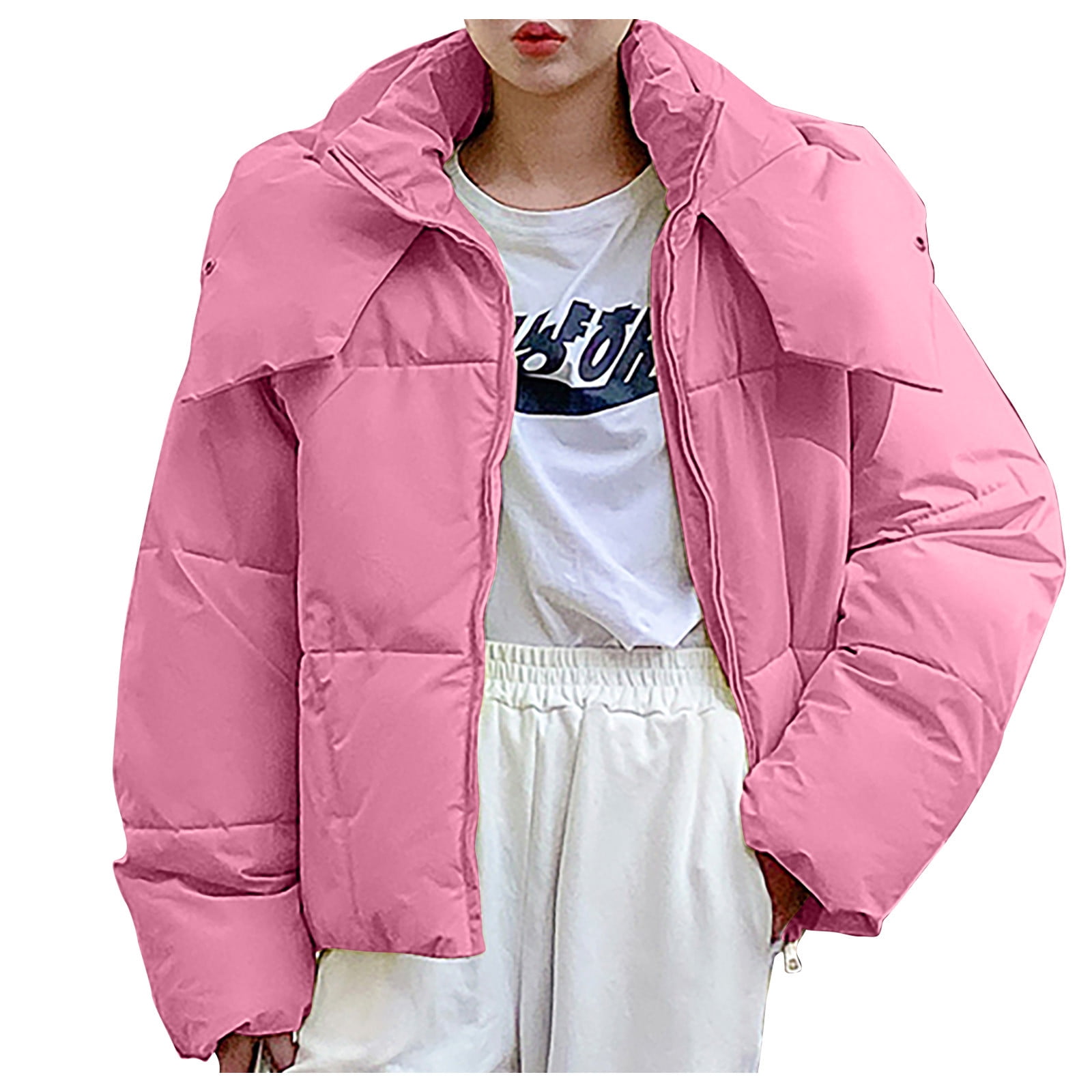 Oversized Puffer Crop Jackets for Women with Detachable Hood Padded ...