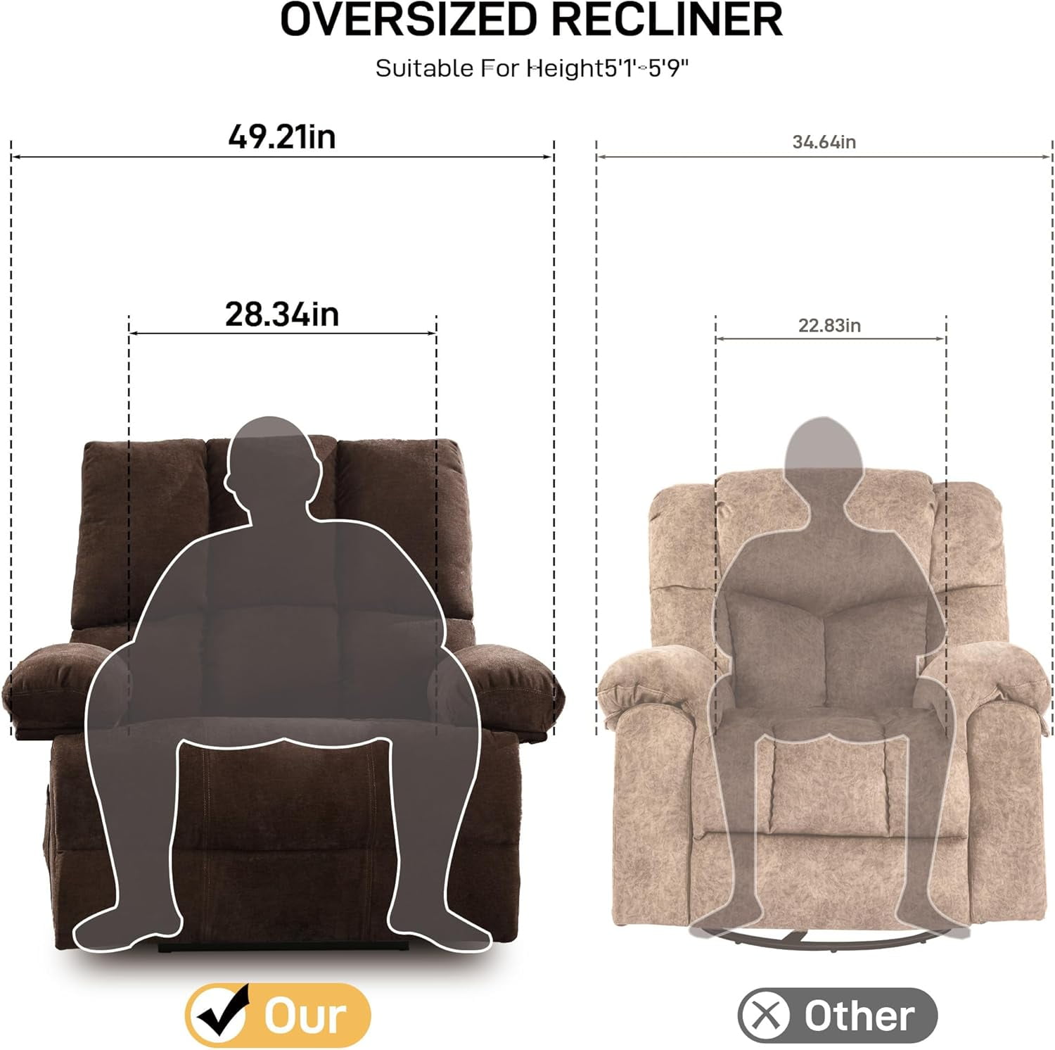 Oversized Recliner Chair 350 lb Weight Capacity, 28 inch Wide Manual ...