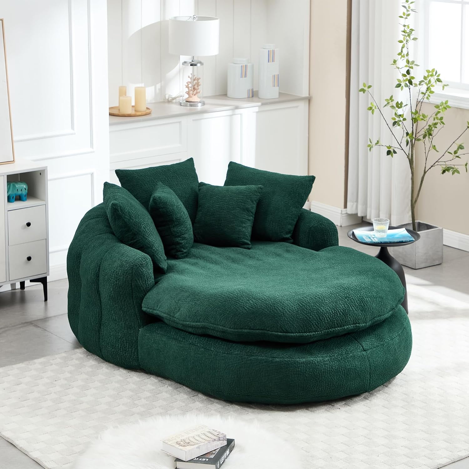 Oversized Round Chaise Lounge, Fluffy Lazy Bean Bag Sofa with 5 Pillows ...