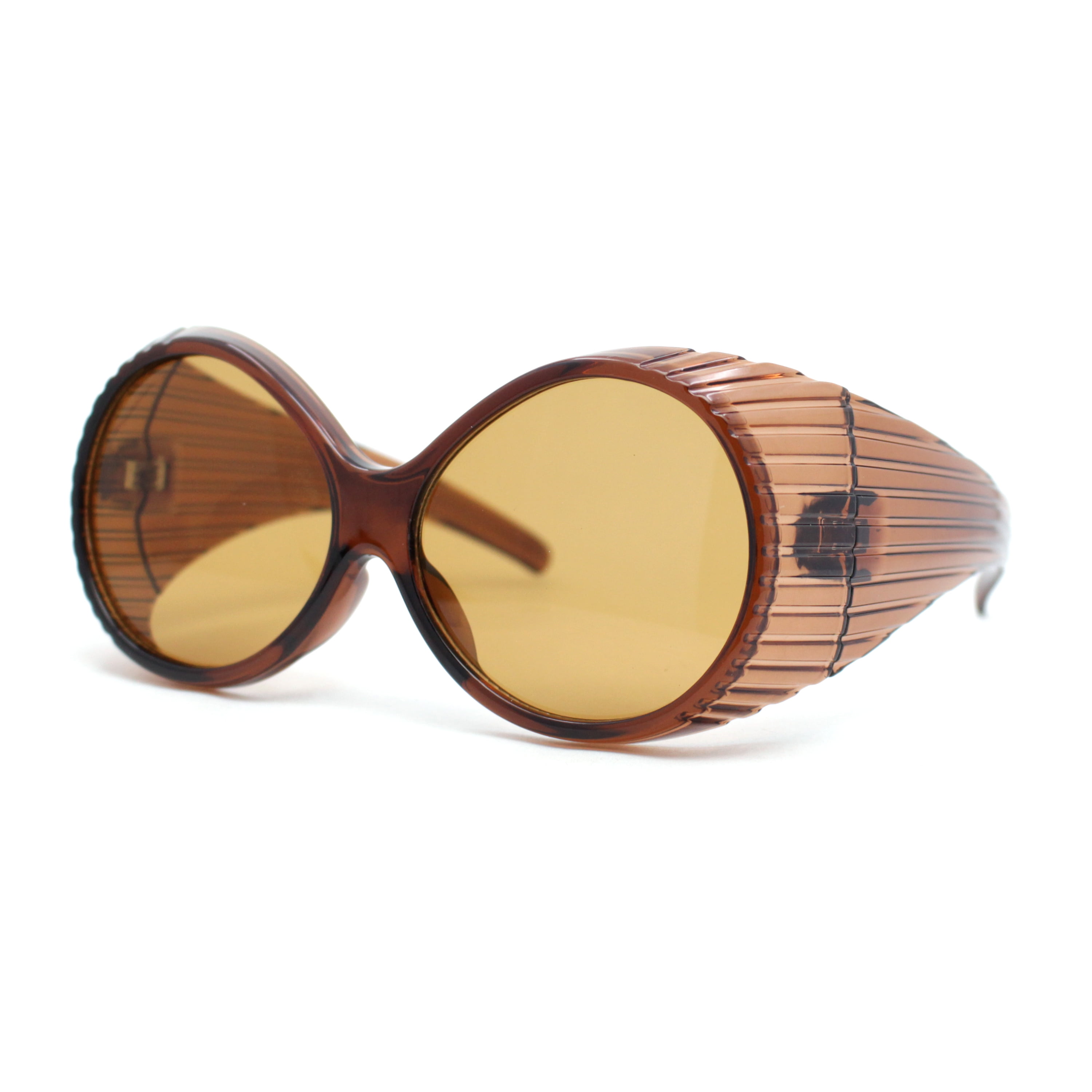 Oversized Round Goggle Style Thick Temple Plastic Dimensional Plastic Sunglasses All Brown