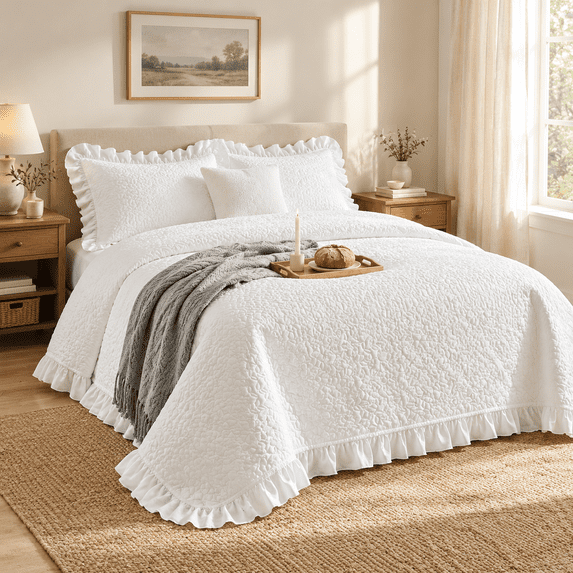 Oversized Ruffled Quilt Set 100 * 100in Queen Size Solid Shabby Chic ...