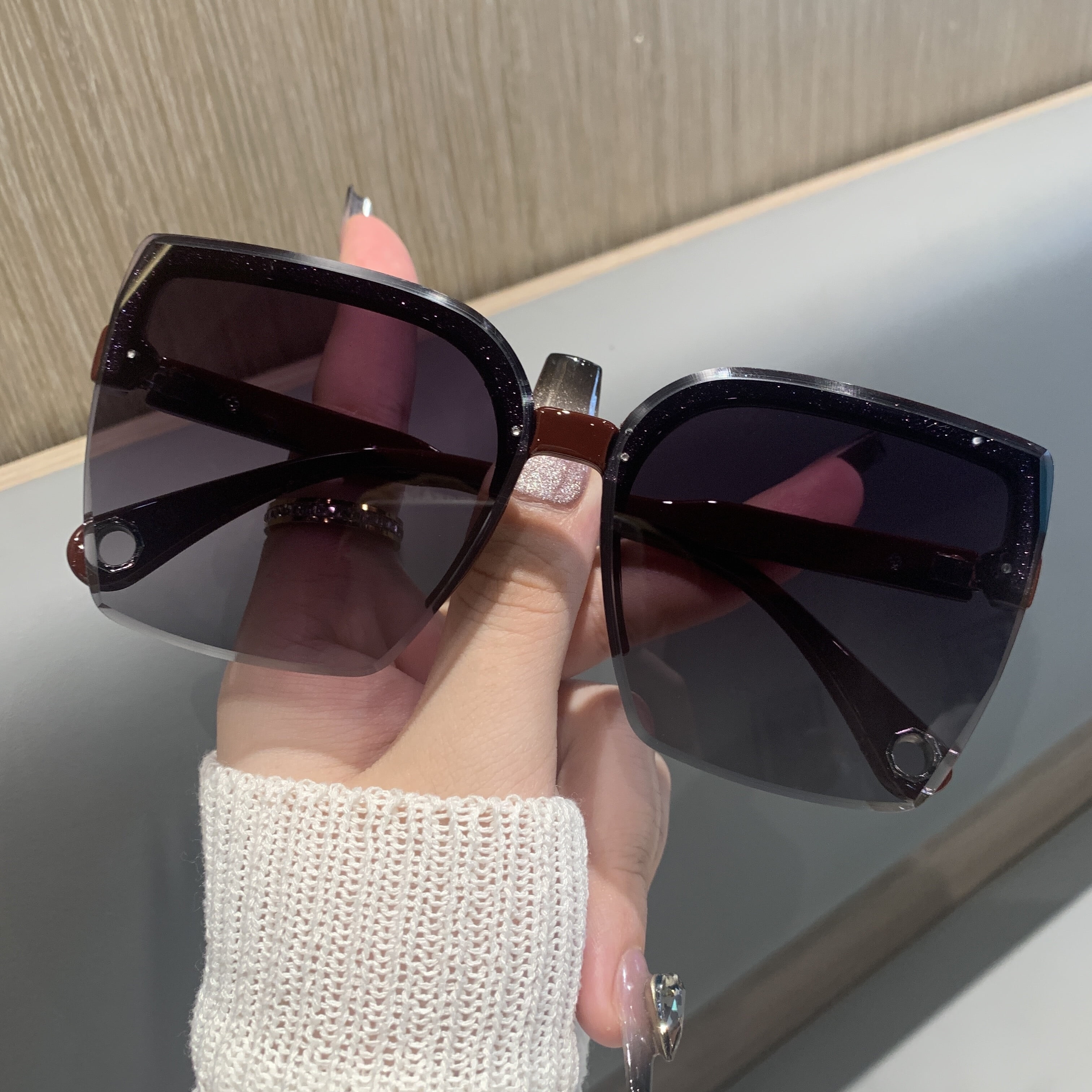 Oversized Semi Rimless Sunglasses For Women And Men Uv400 Protection