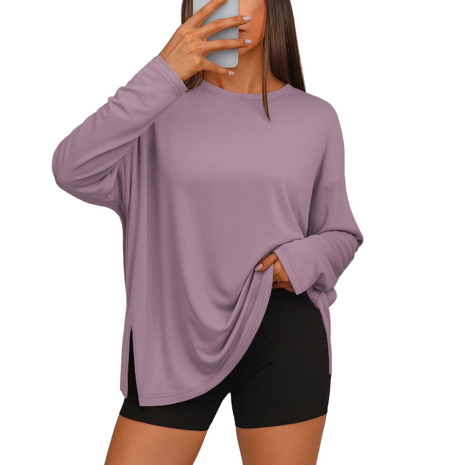 Oversized Side Slit Tshirts for Women Long Sleeve Workout Tops Fall ...