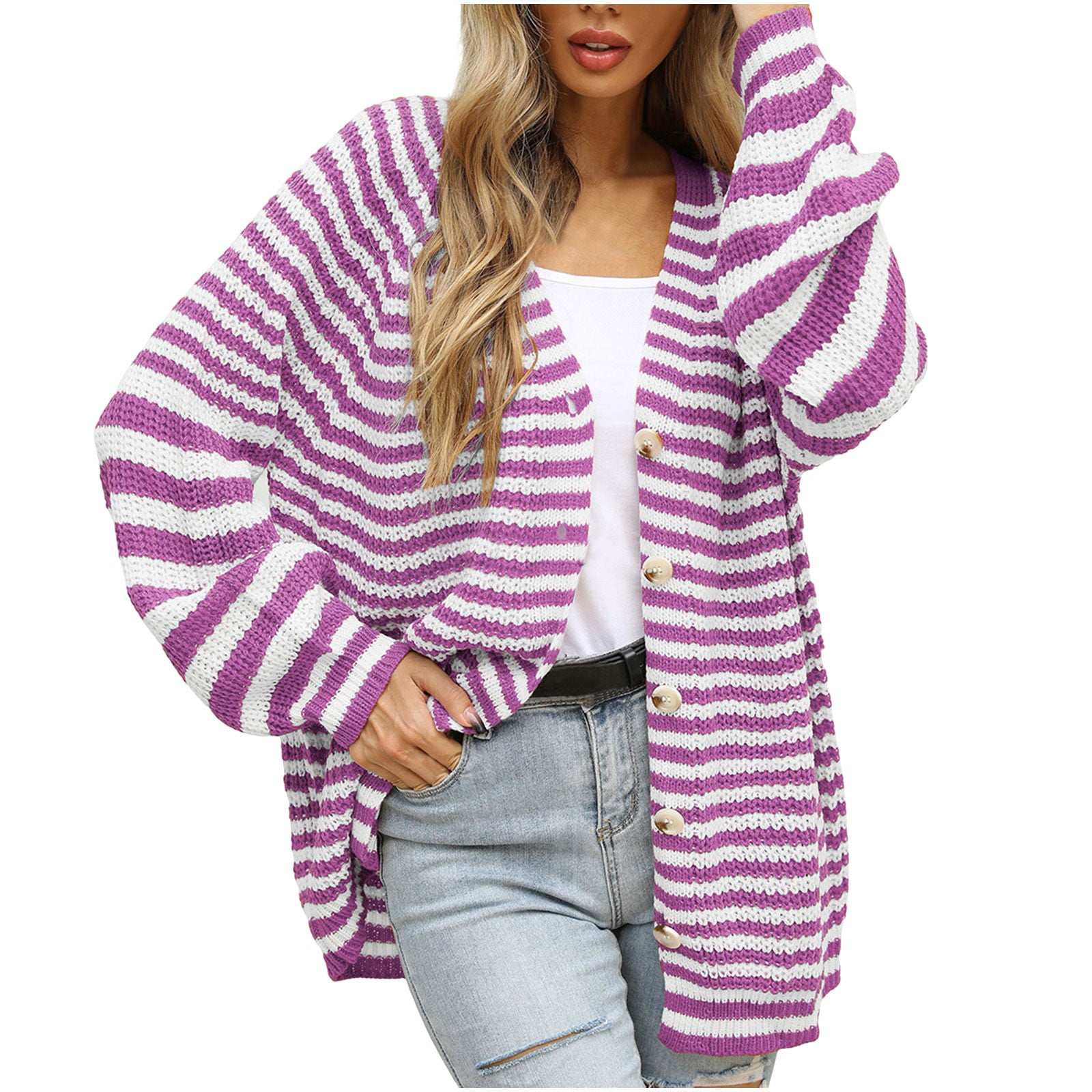 Oversized Sweater Cardigans Womens Button Up Long Sleeve Striped Fall ...