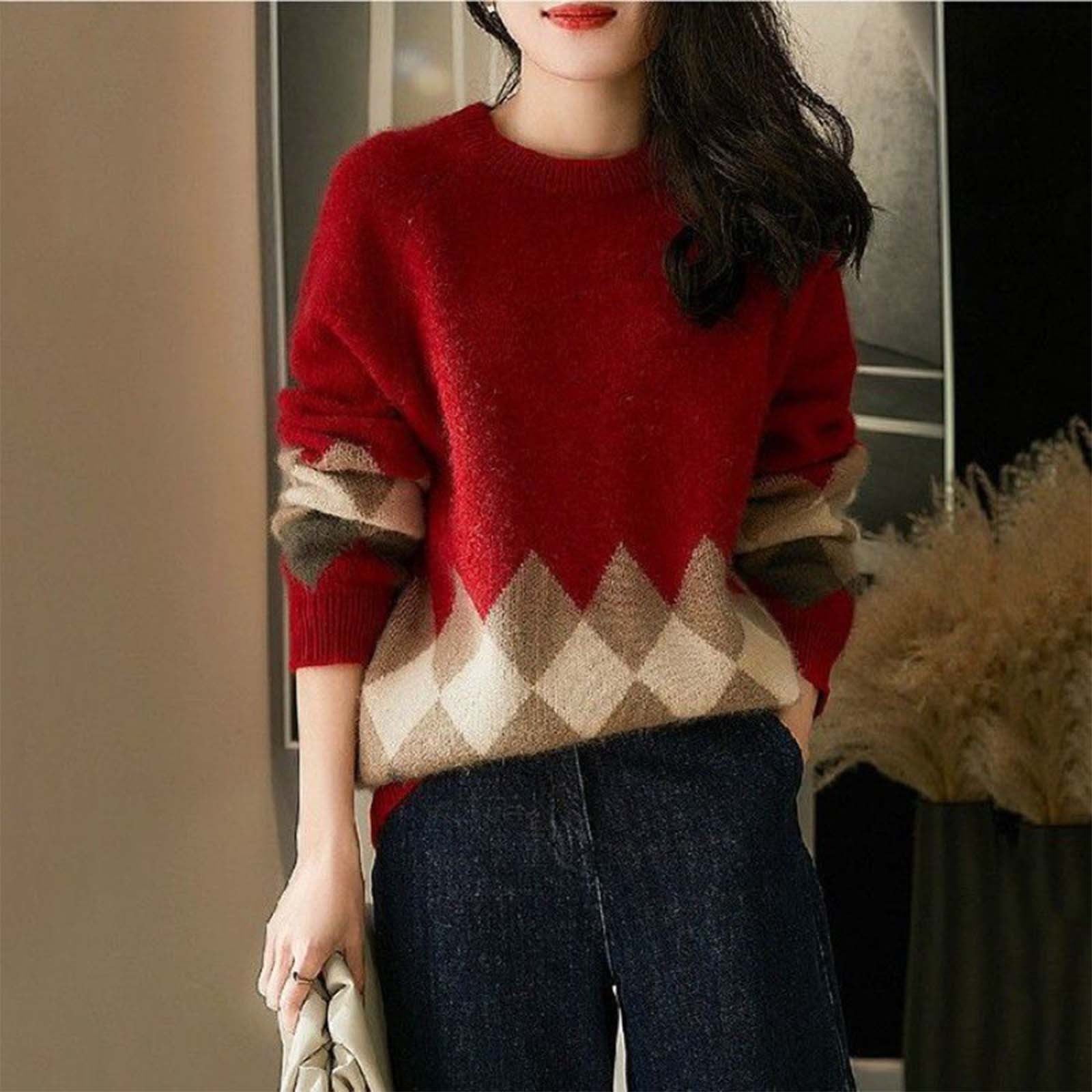 Oversized Sweaters for Women Fashion Drop Shoulder Plaid Colorblock ...