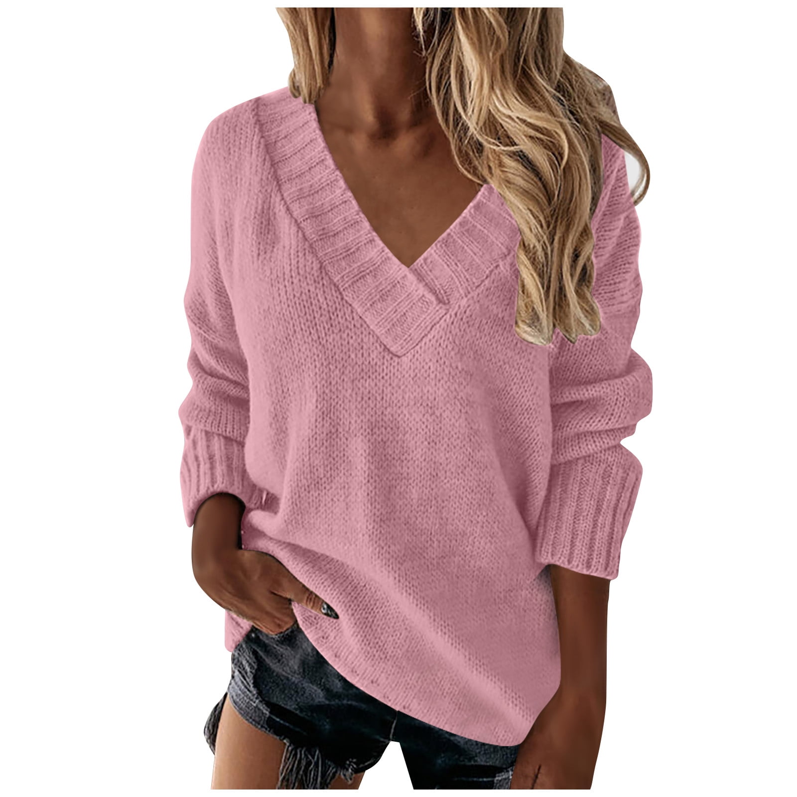 Oversized Sweaters for Women Sexy Deep V Neck Long Sleeve Cable Knit ...