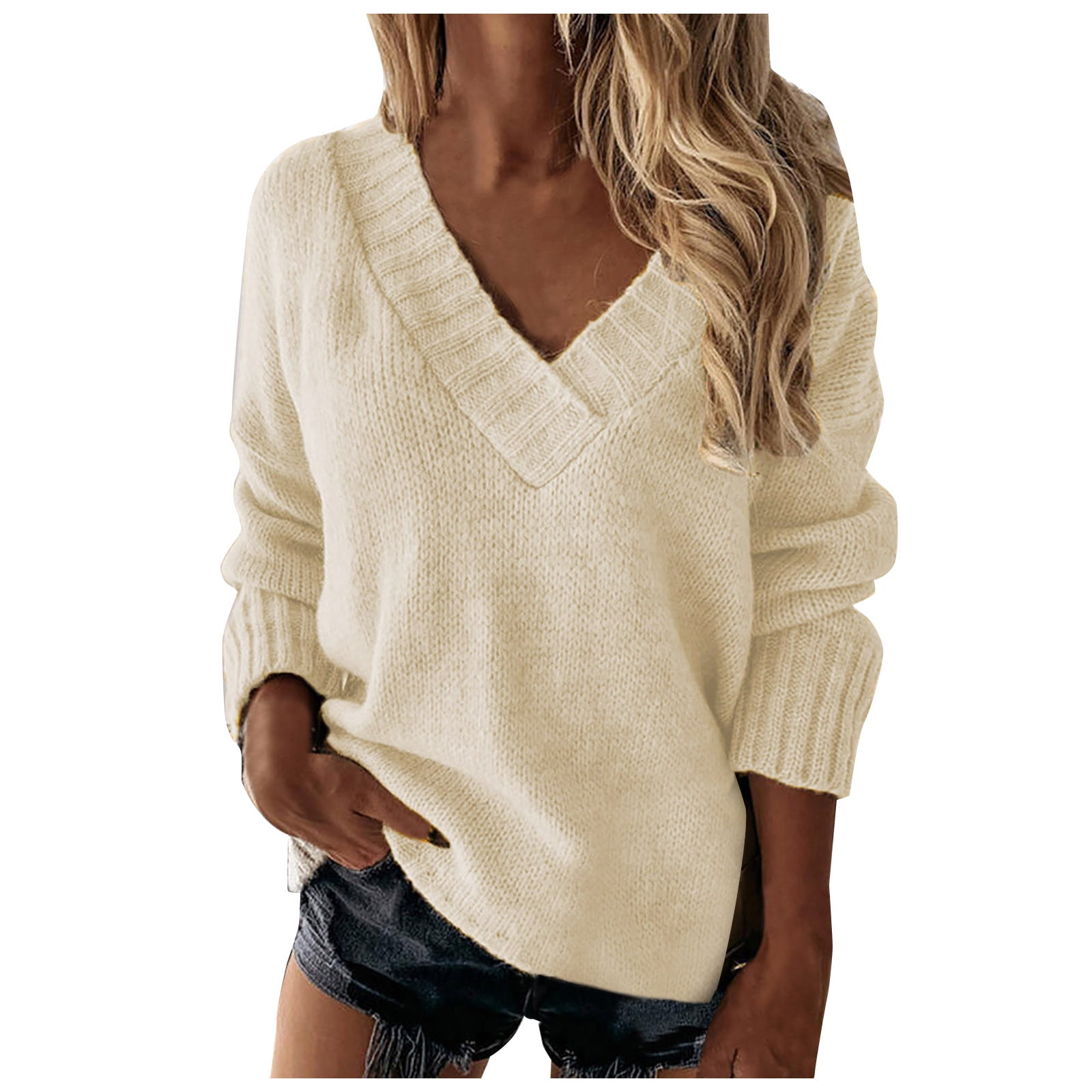 Oversized Sweaters for Women Sexy Deep V Neck Long Sleeve Cable Knit ...