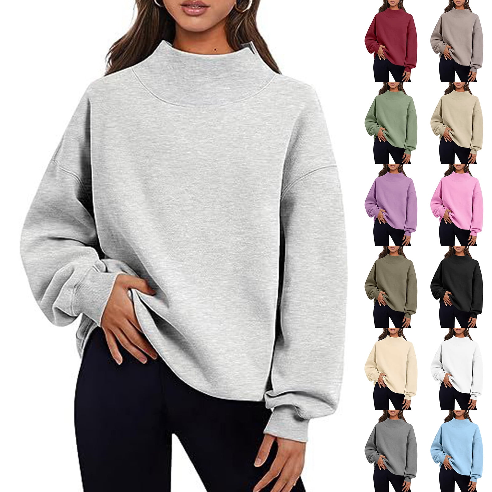 Oversized Sweatshirts Women Split Mock Crew Neck Plain Pullover Tops ...