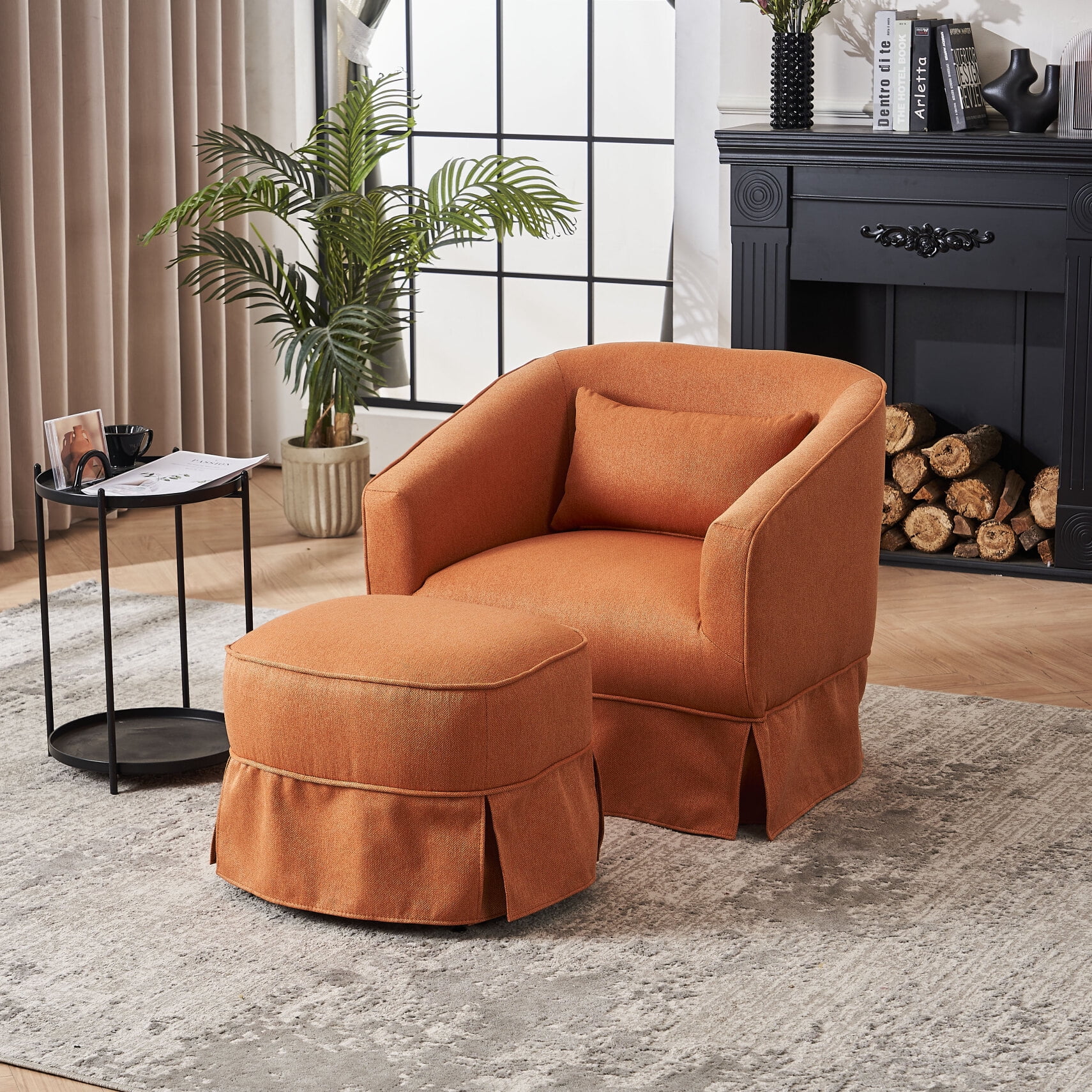360-Degree Swivel Accent Chair with Ottoman, Linen Upholstered Armchair ...