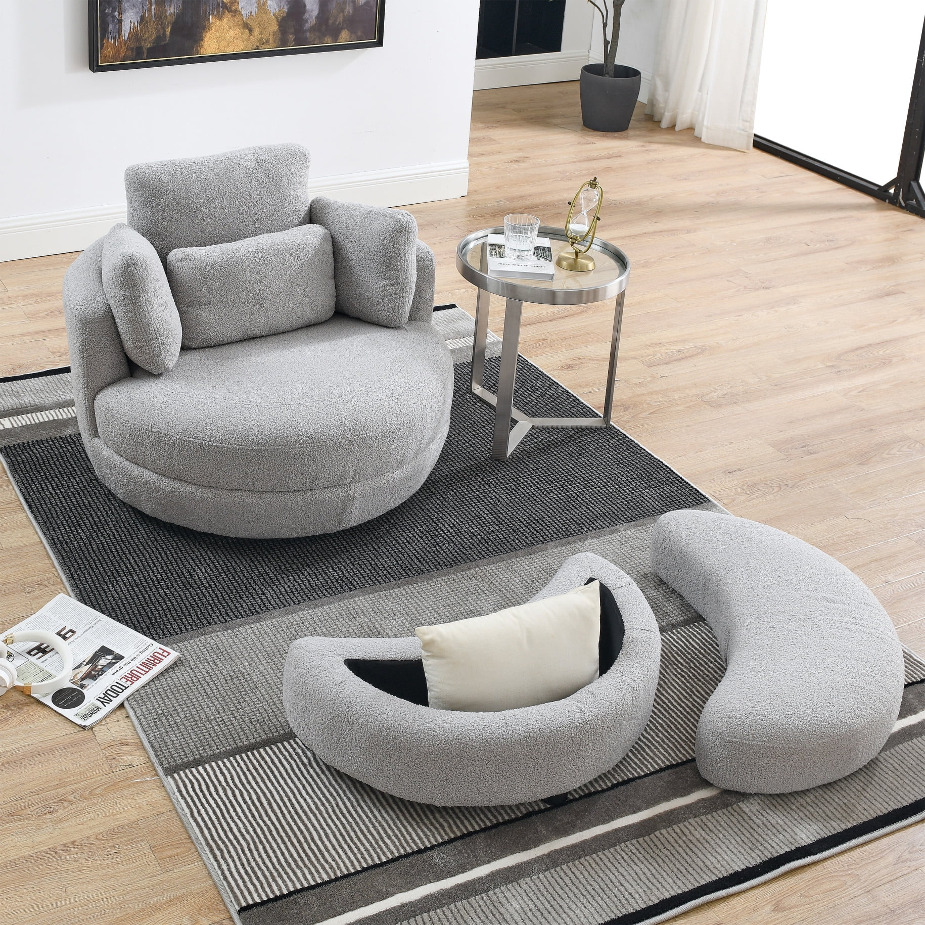 Oversized Swivel Accent Chair Set with 360° Barrel Chair & Moon Ottoman ...