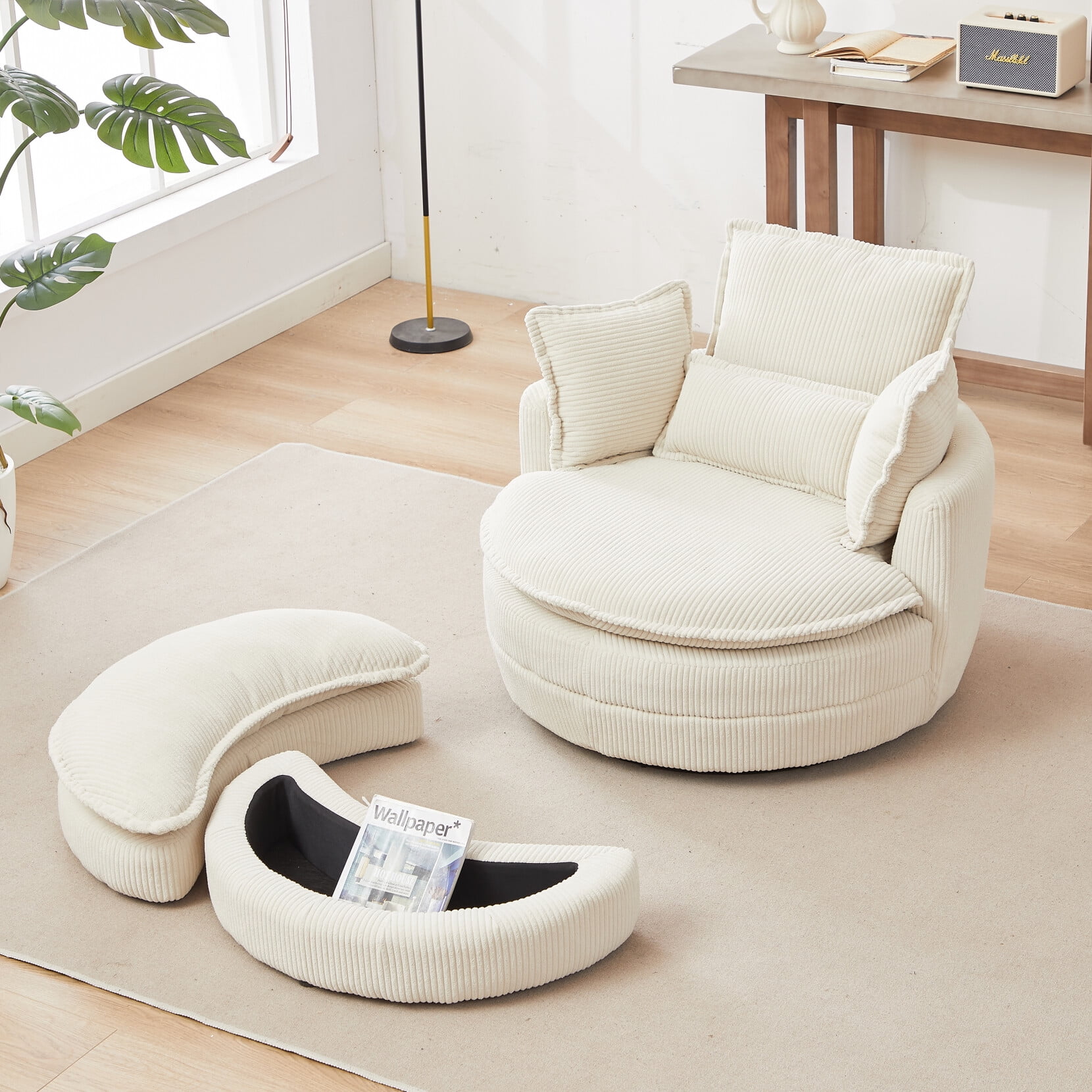 Oversized Swivel Chair with Moon Storage Ottoman, Modern Accent Round ...