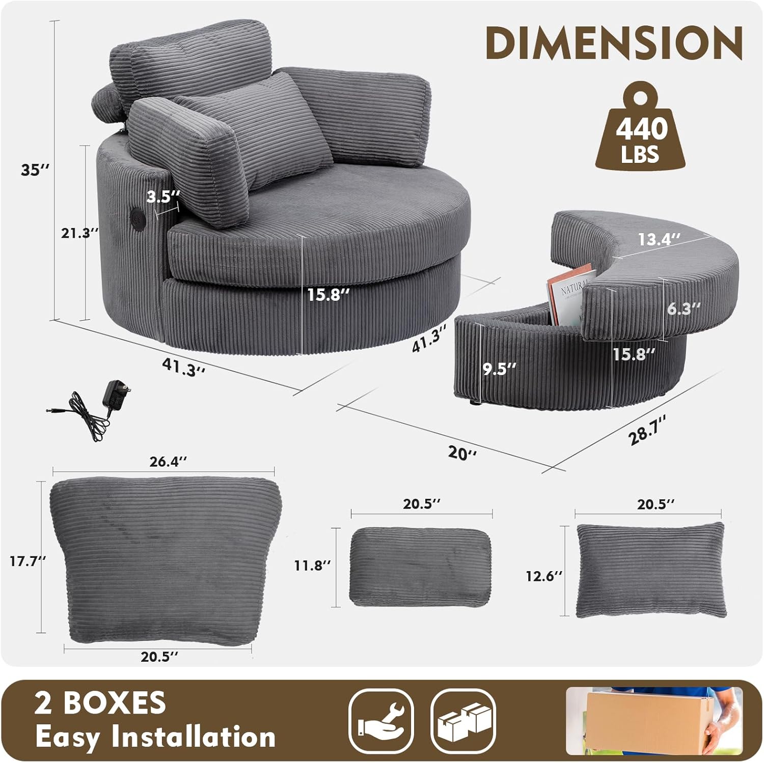 Oversized Swivel Chair with Ottoman, 41.3" Corduroy Barrel Chair with ...