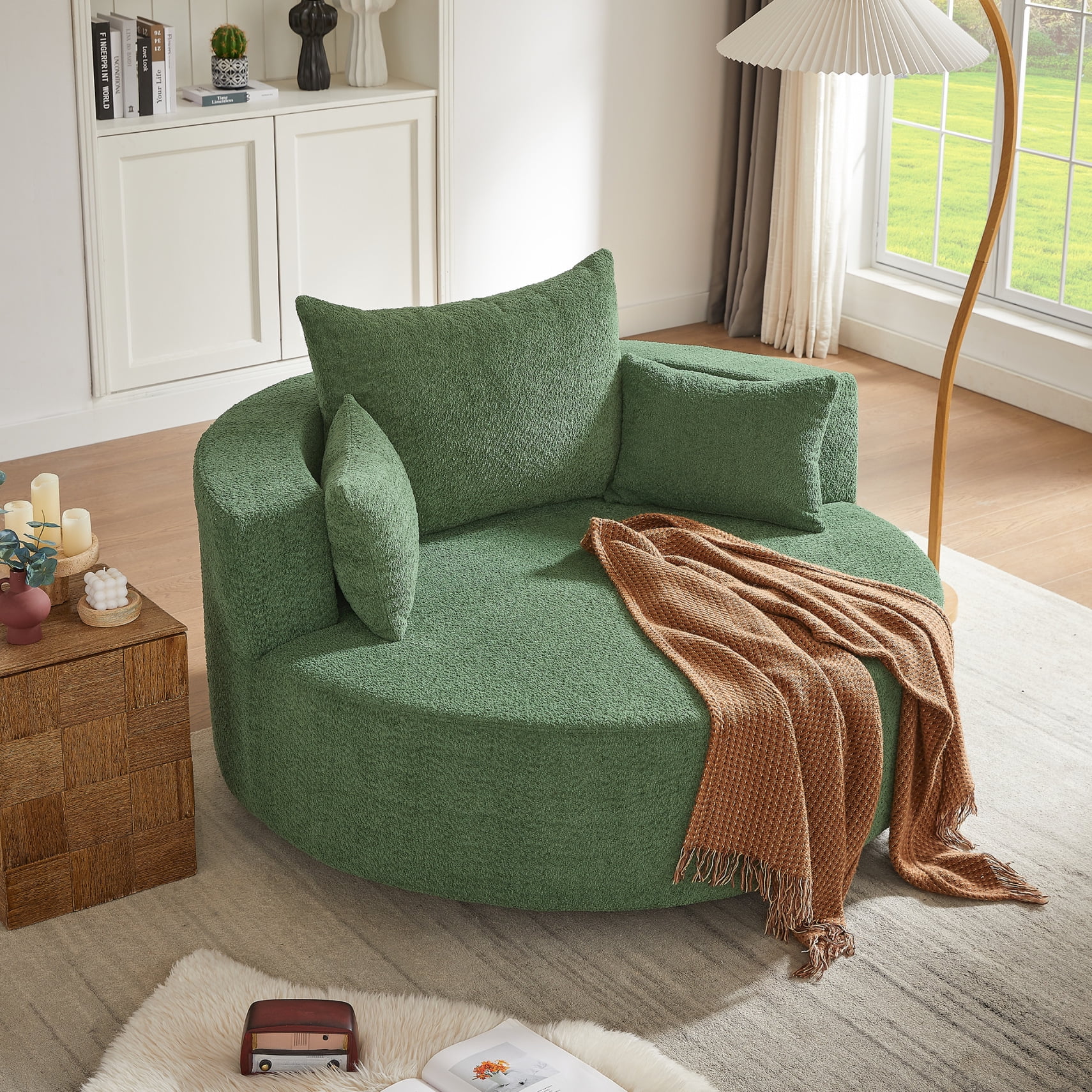 Oversized Swivel Chaise Longue, Upholstered Chenille Barrel Chair with ...