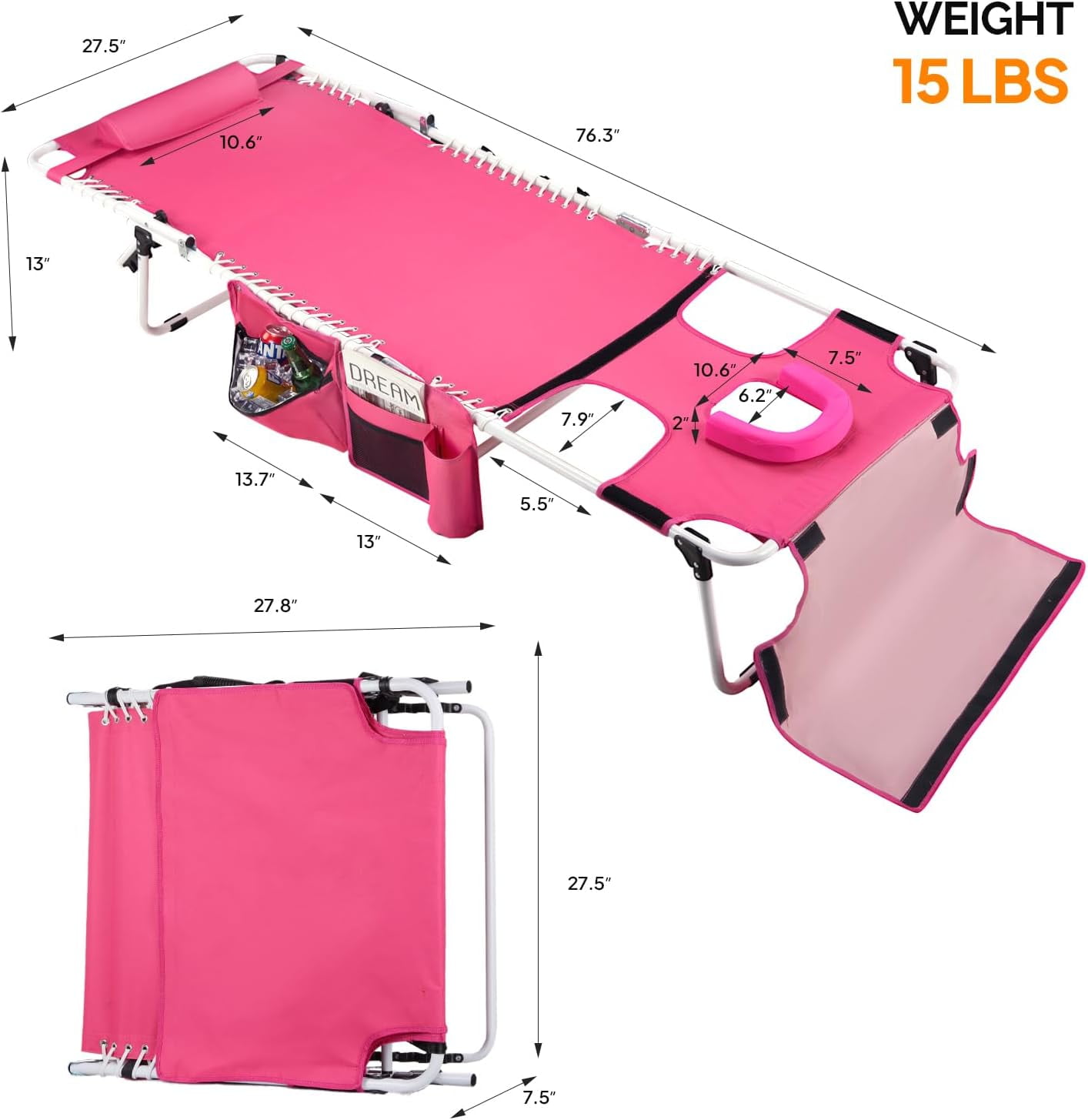 Oversized Tanning Chair with Face Hole & Carrying Bag, Beach Lounge ...