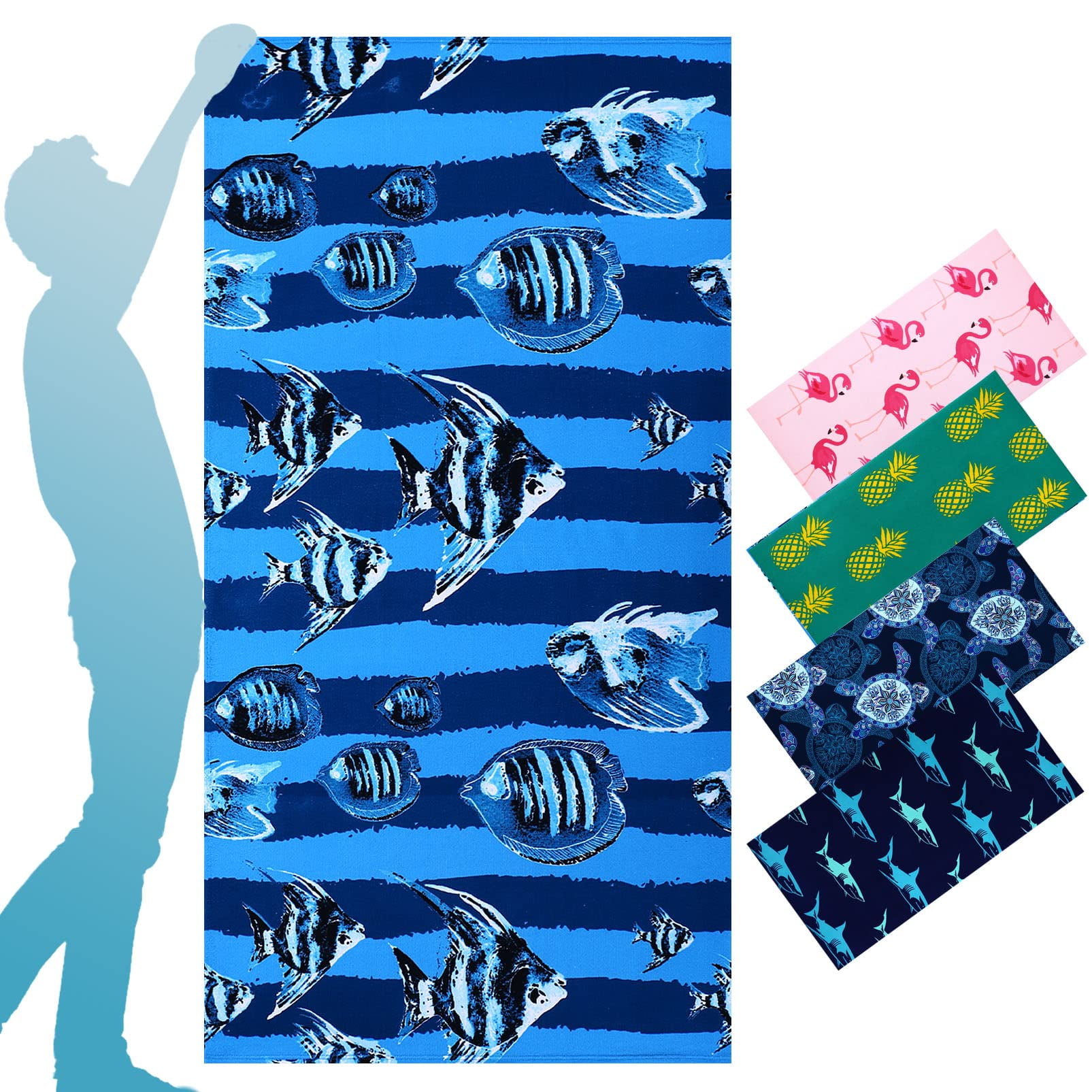 XL Quick Dry Microfiber Beach Towel, 72x36 in, Sandless, Navy Blue Fish ...