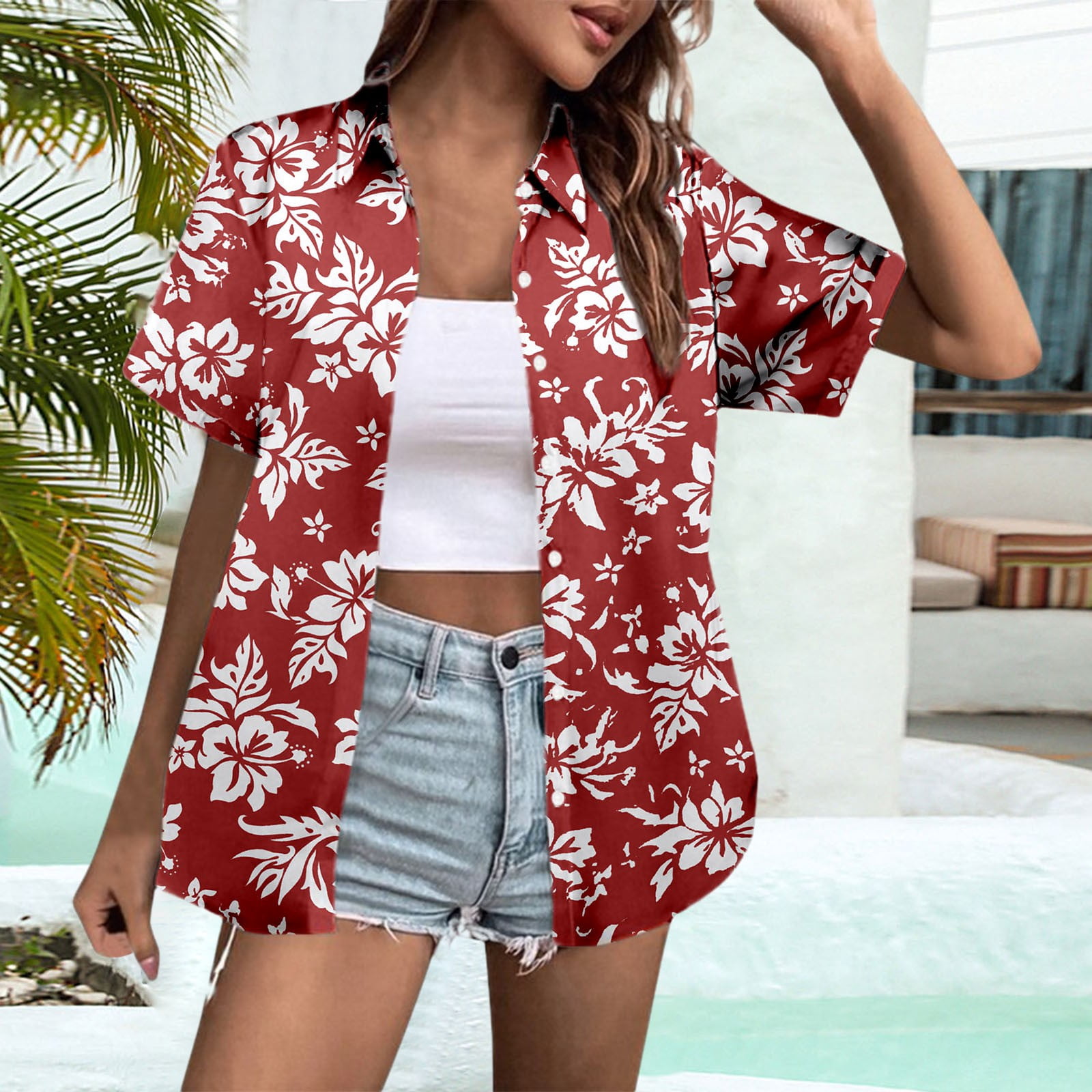 Oversized Tshirts for Women Loose Short Sleeve Shirt Floral Print Turn ...