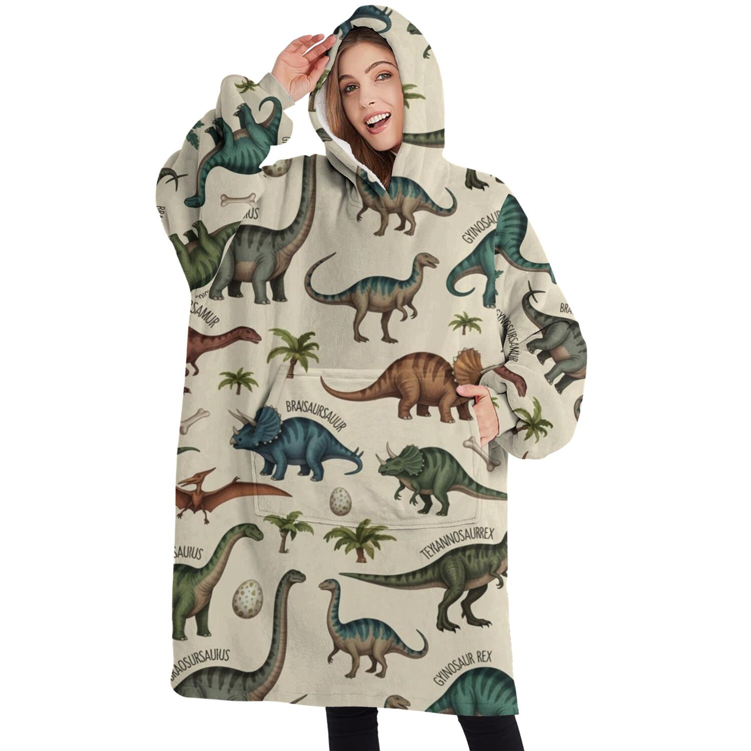 Oversized Wearable Blanket Hoodie,Beige Cartoon Dinosaurs Names Pattern ...