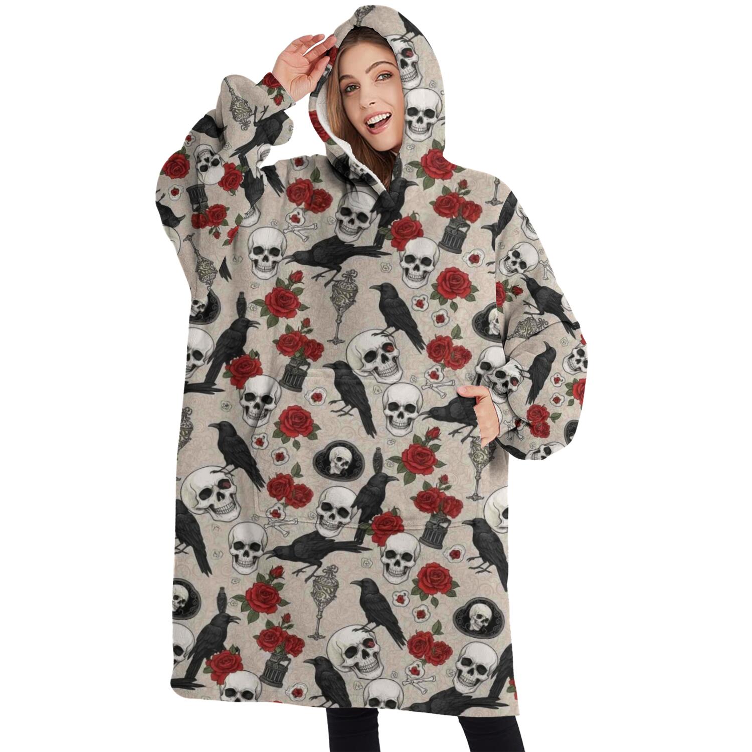Oversized Wearable Blanket Hoodie,Beige Gothic Skull Rose Crow Pattern ...