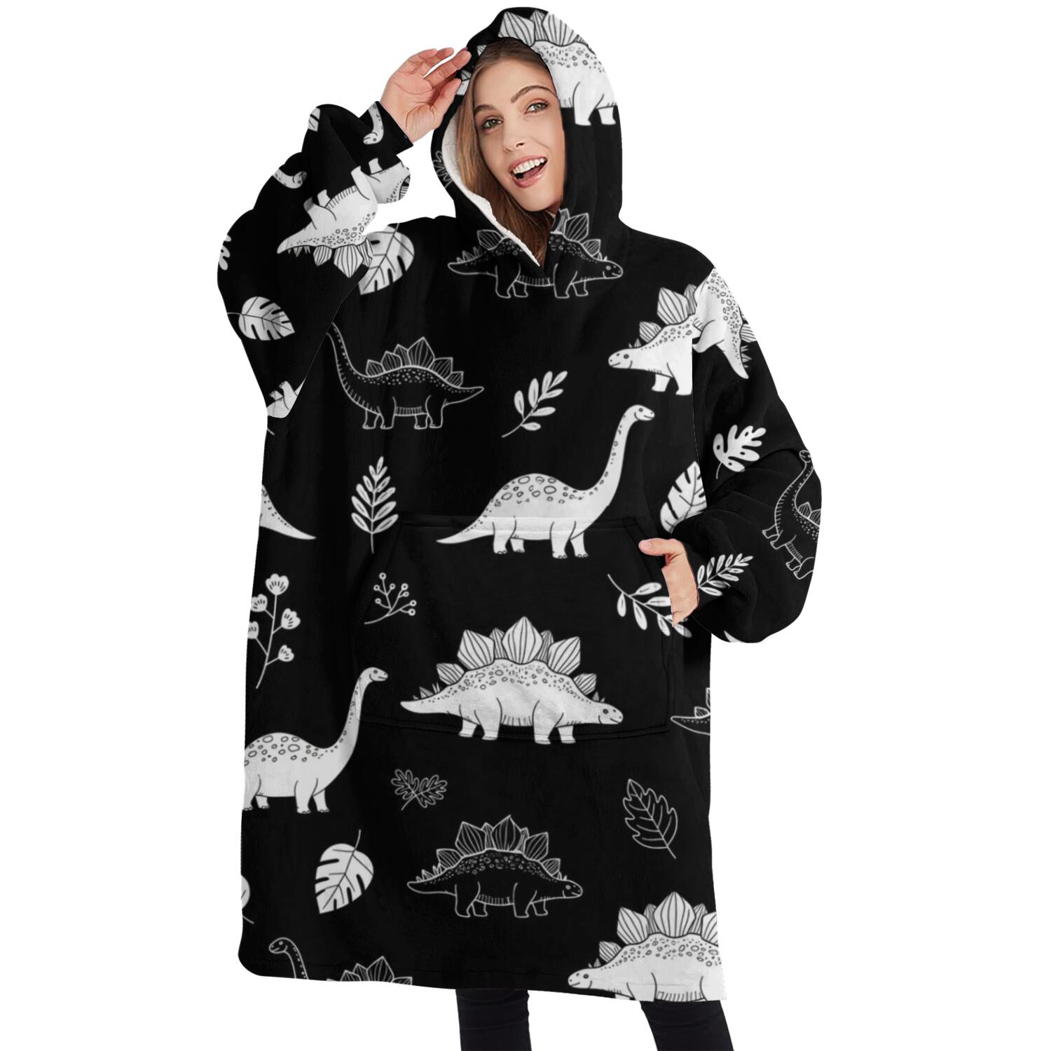 Oversized Wearable Blanket Hoodie,Black White Dinosaur Skeletons Bold ...