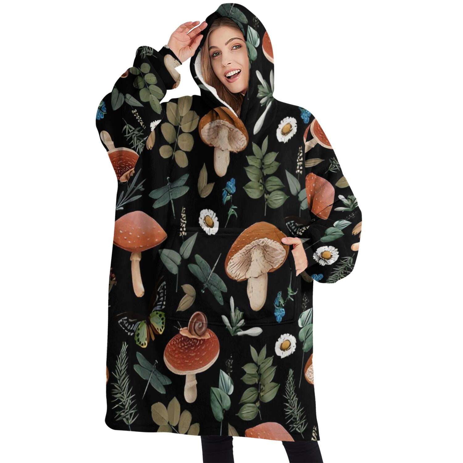 Oversized Wearable Blanket Hoodie,Brown Mushroom Flower Black Pattern ...
