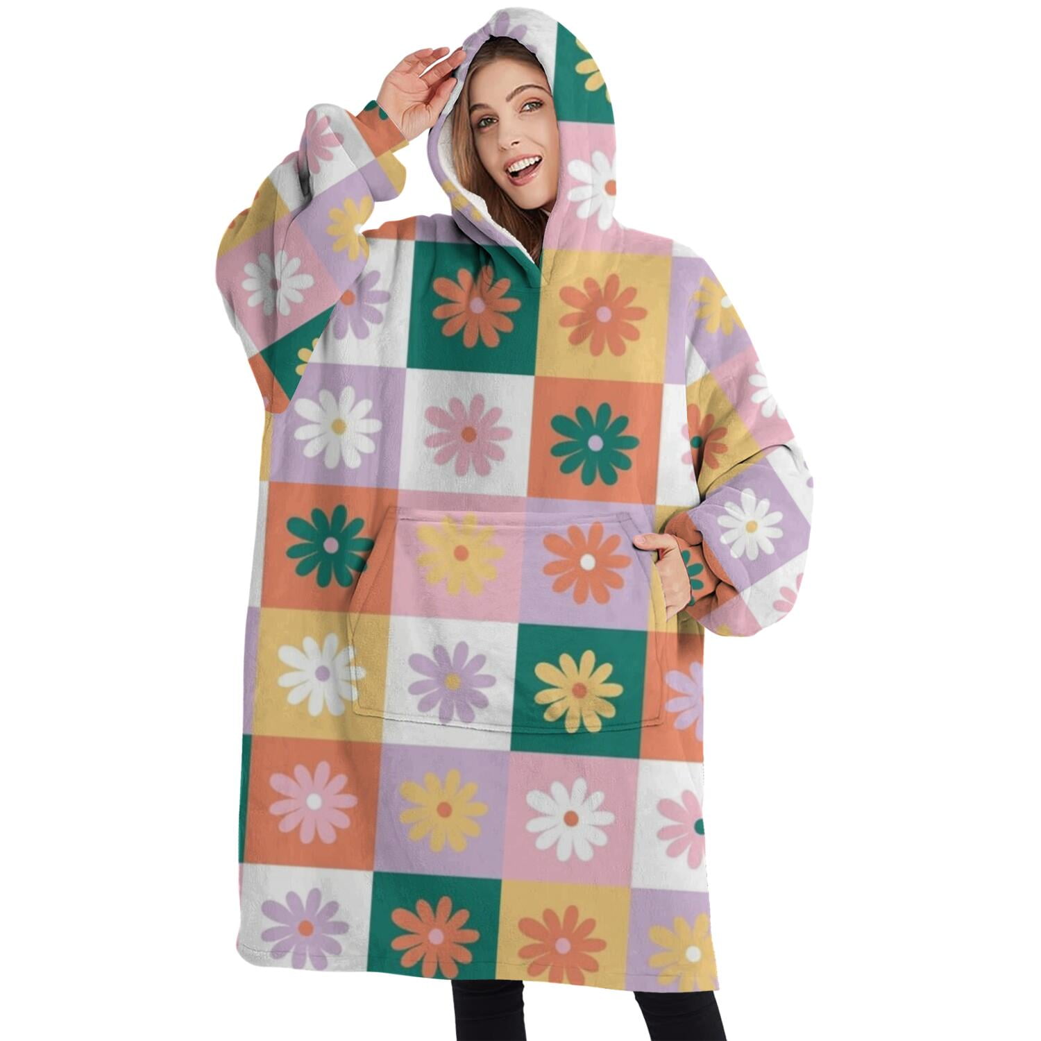 Oversized Wearable Blanket Hoodie,Colorful Daisy Flower Checkered ...