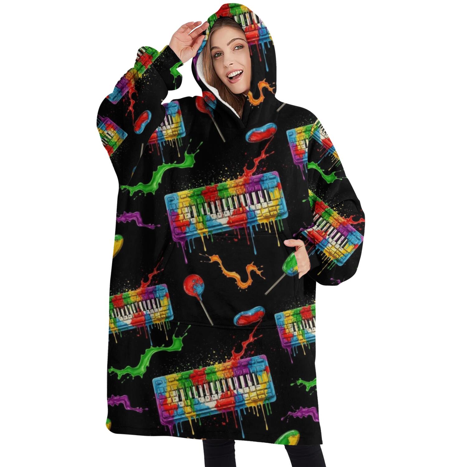 Oversized Wearable Blanket Hoodie,Colorful Music Keyboard Black Pattern ...
