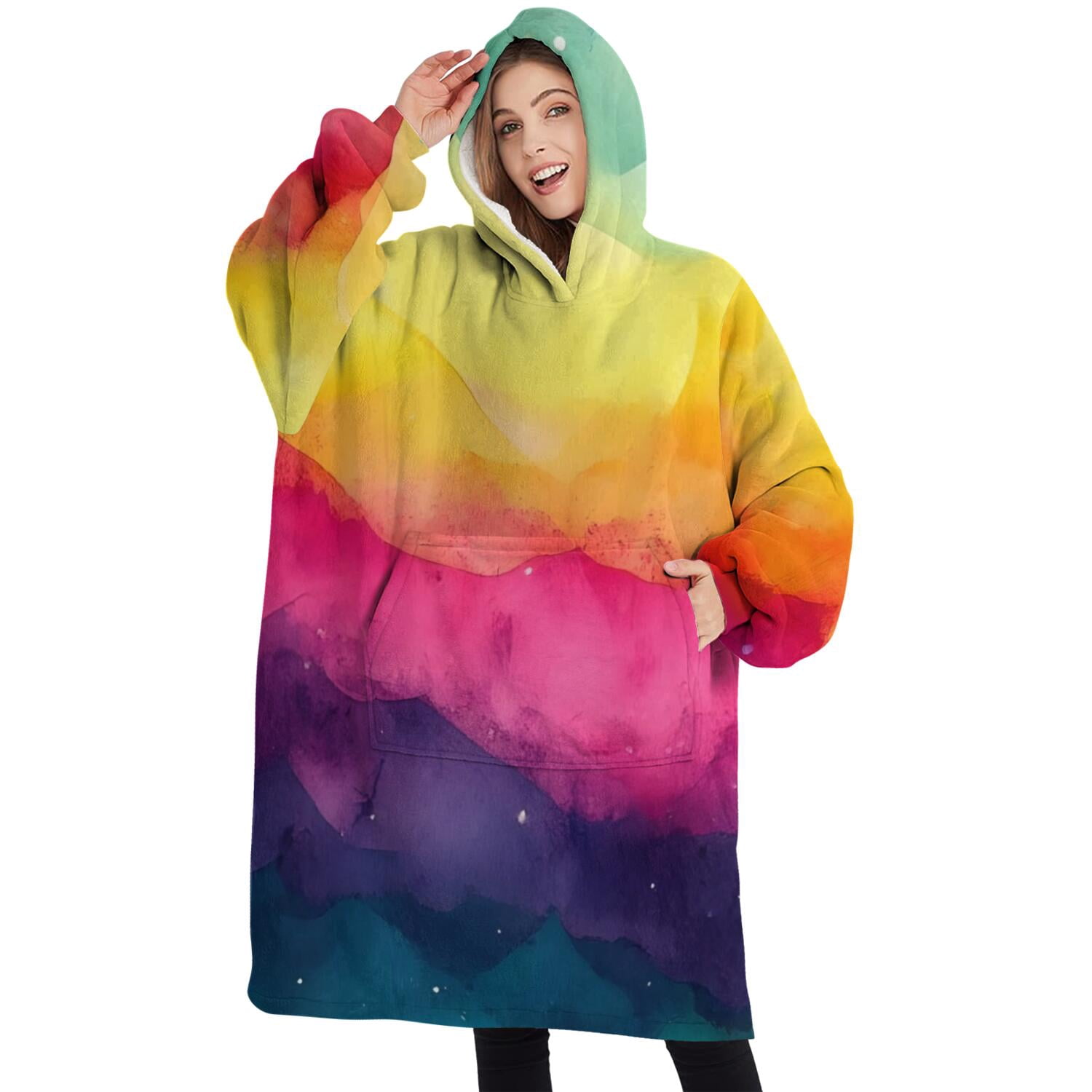 Oversized Wearable Blanket Hoodie,Colorful Tie Dye Wave Pattern Sherpa ...