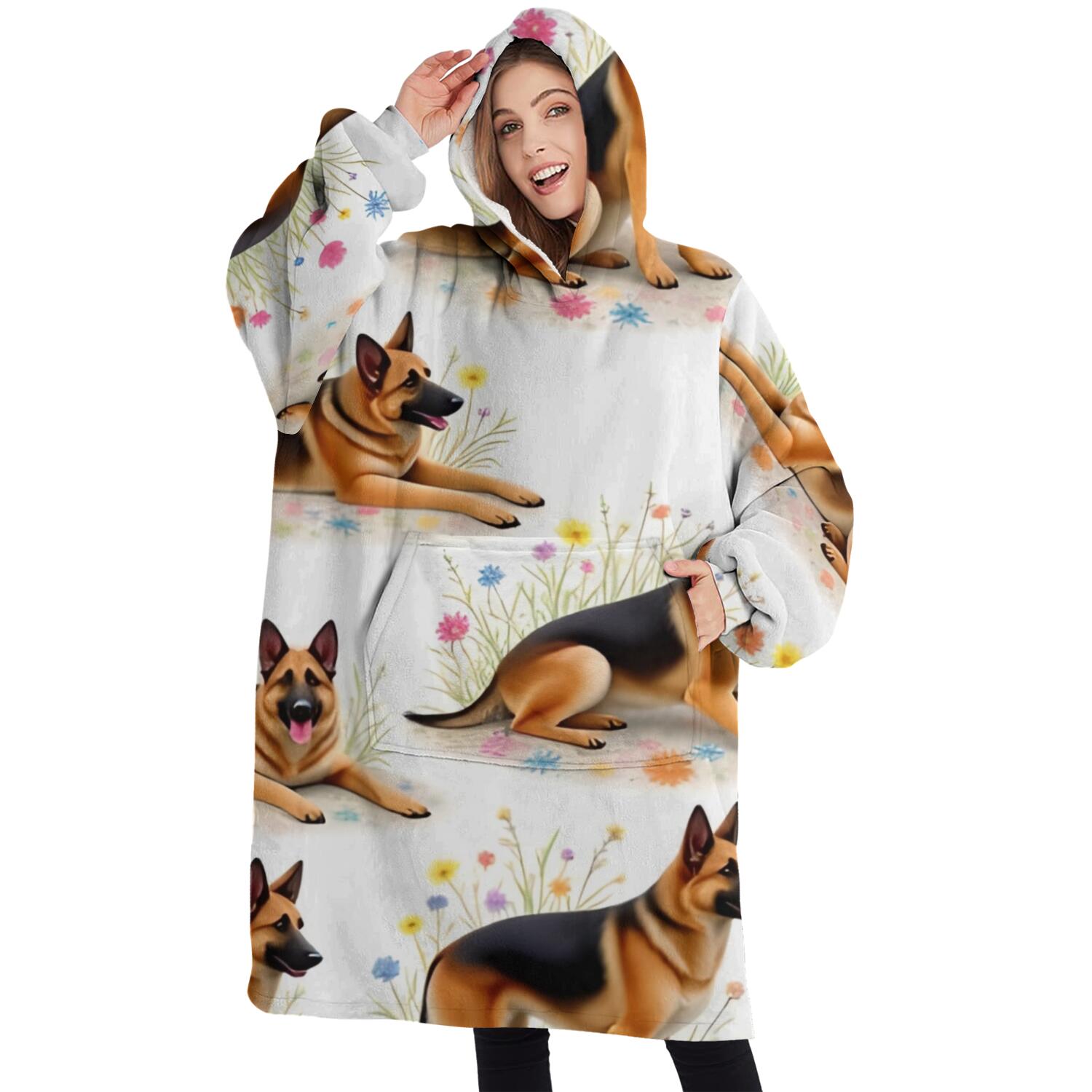 Oversized Wearable Blanket Hoodie,German Shepherd Dogs with Flowers ...
