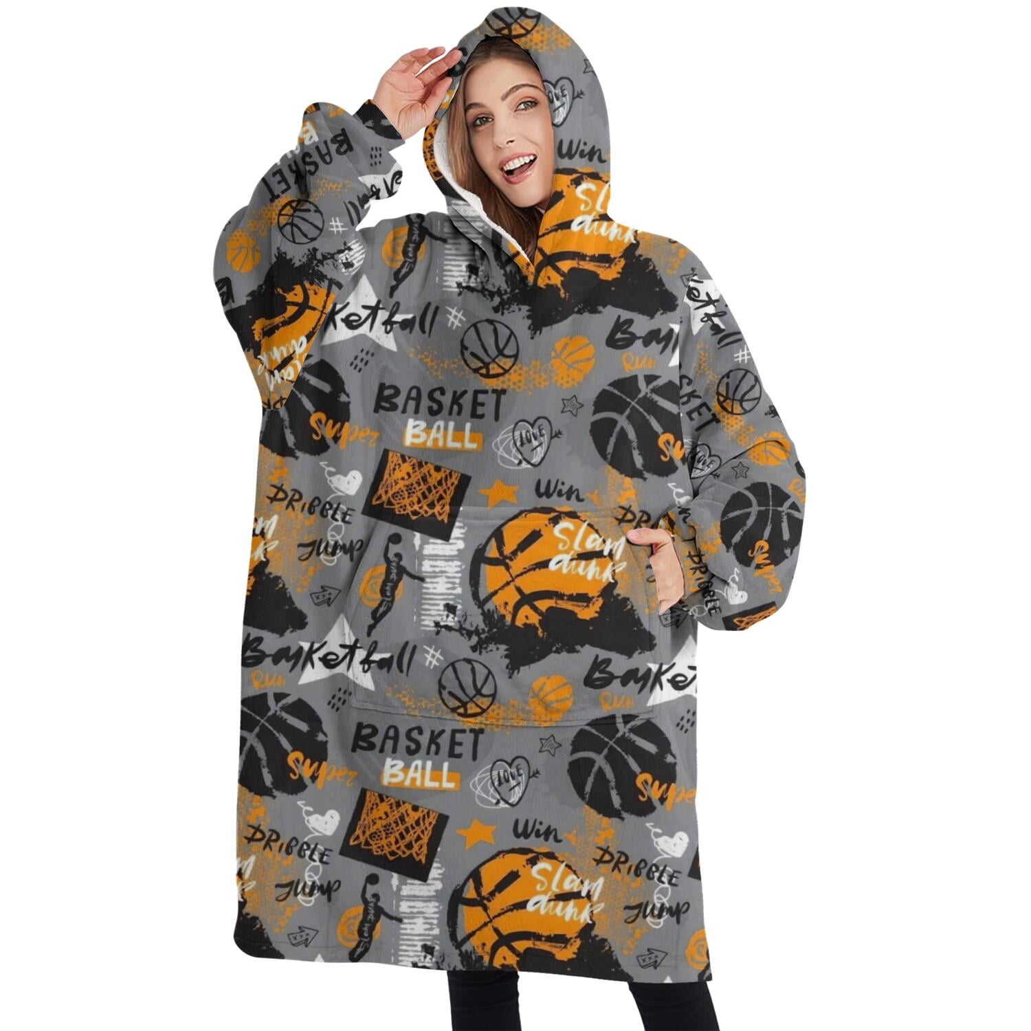 Oversized Wearable Blanket Hoodie,Gray Background Basketball Elements ...