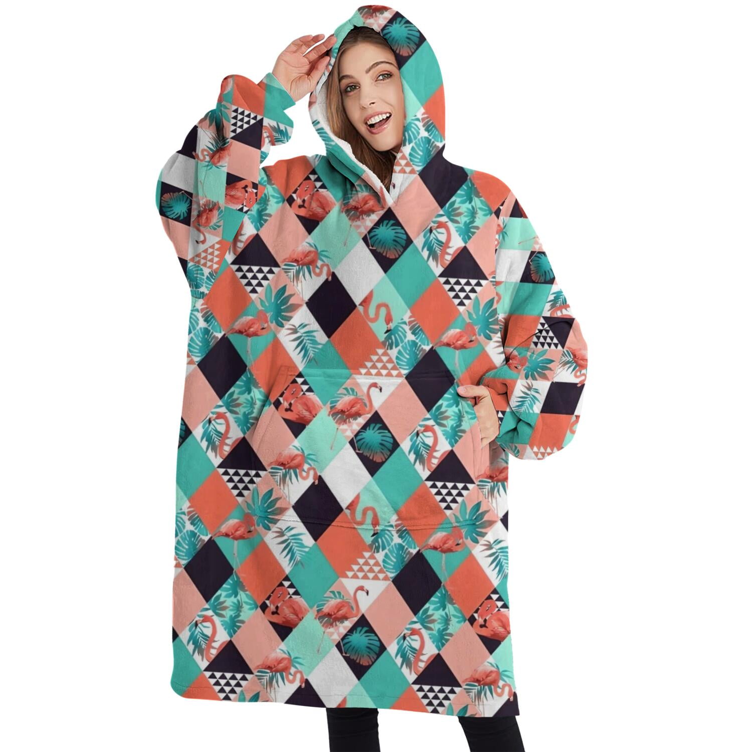 Oversized Wearable Blanket Hoodie,Orange Green White Checkerboard ...