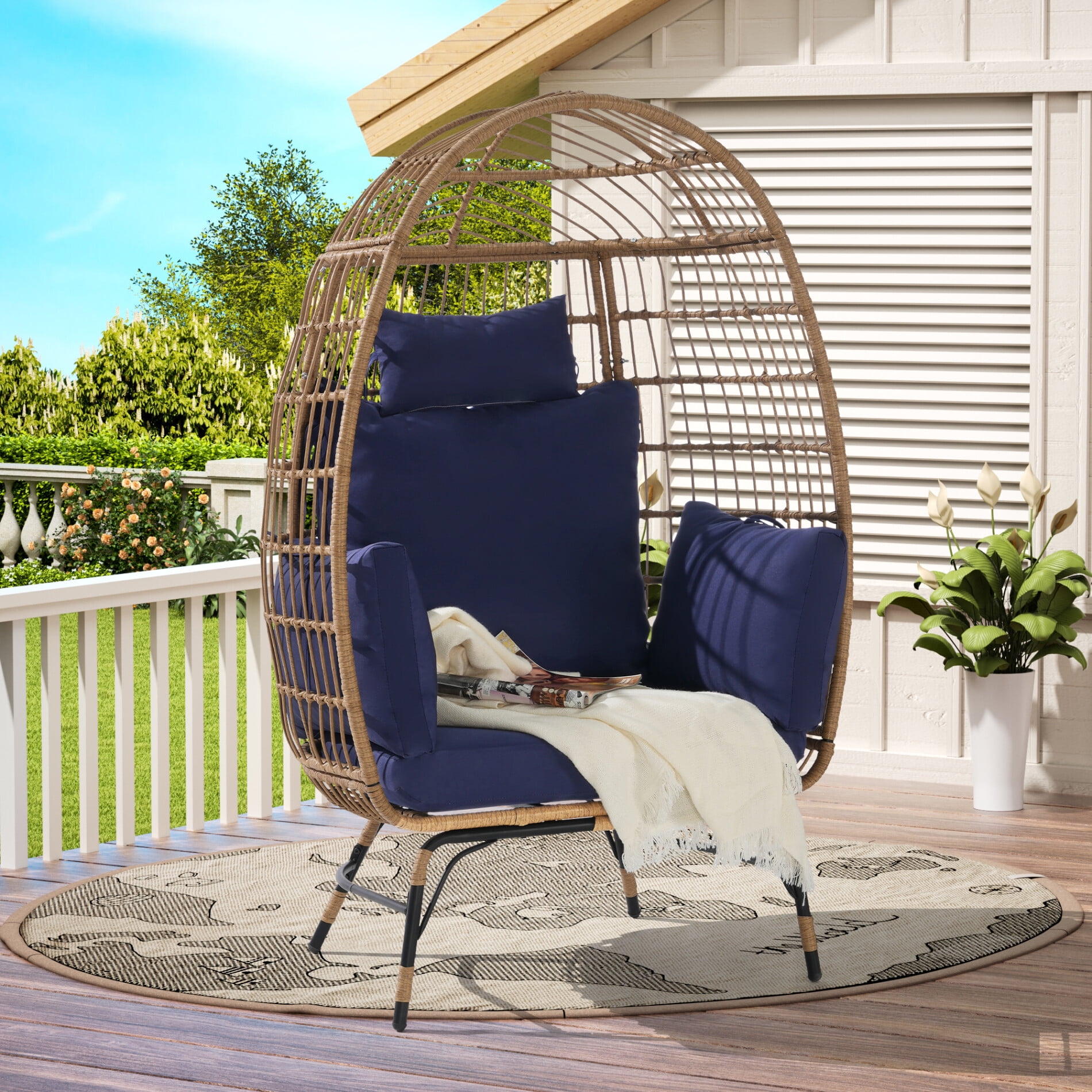 Oversized Wicker Egg Chair with Cushion, 600lb Capacity All-Weather ...