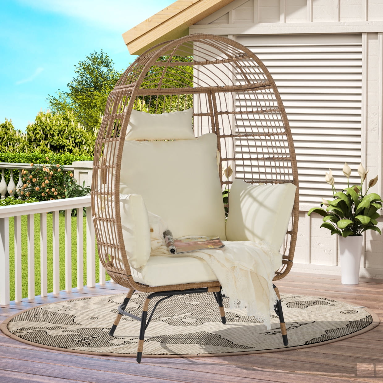 Oversized Wicker Egg Chair with Cushion, 600lbs Capacity Rattan Hanging ...