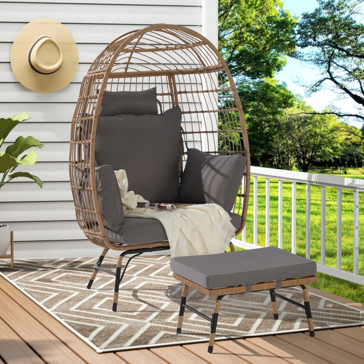 Oversized Wicker Egg Chair with Ottoman, Indoor Outdoor Lounge Chairs ...