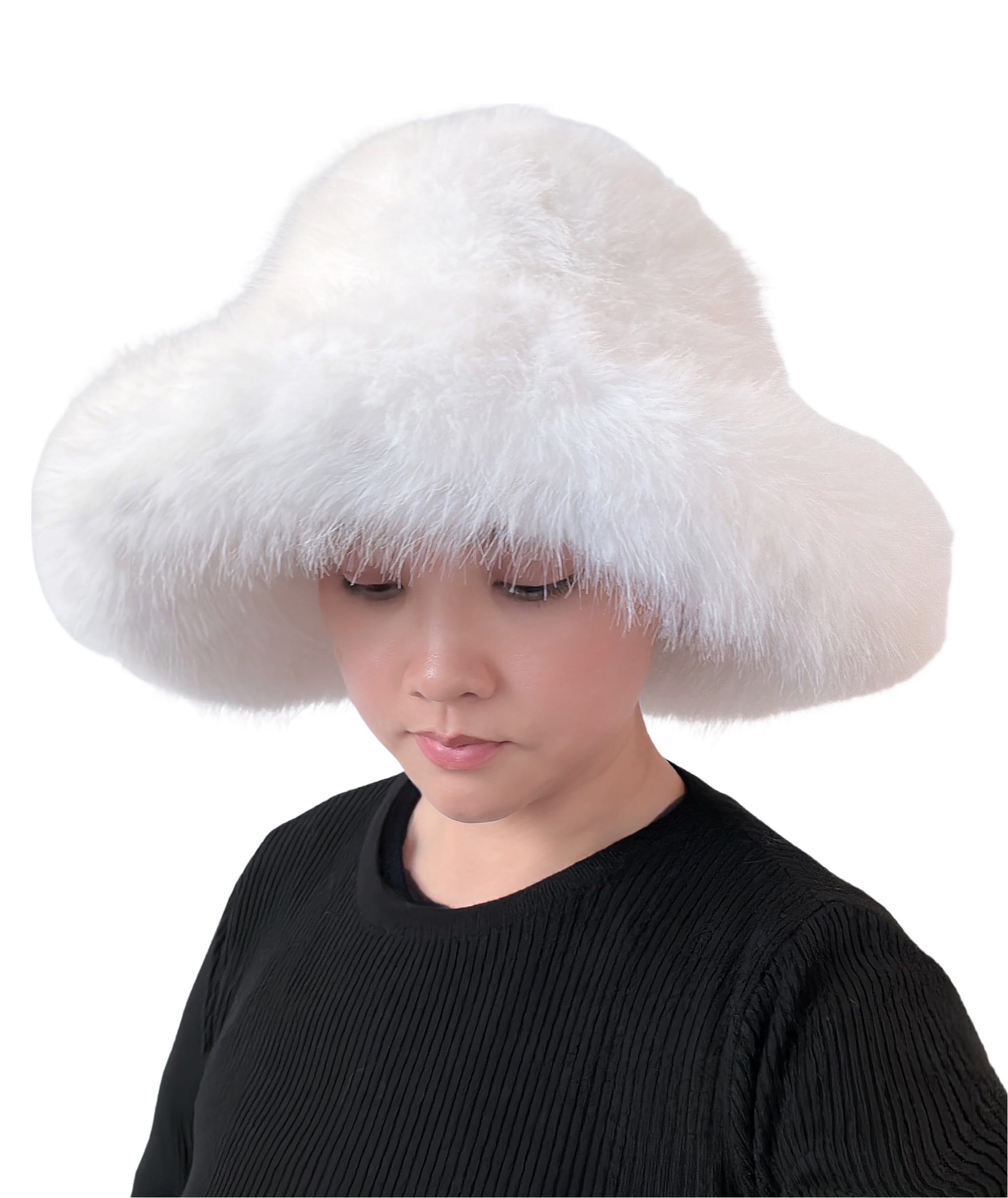 Oversized Winter Faux Fur Bucket Hat for Women - Long Pile Fur Wide ...