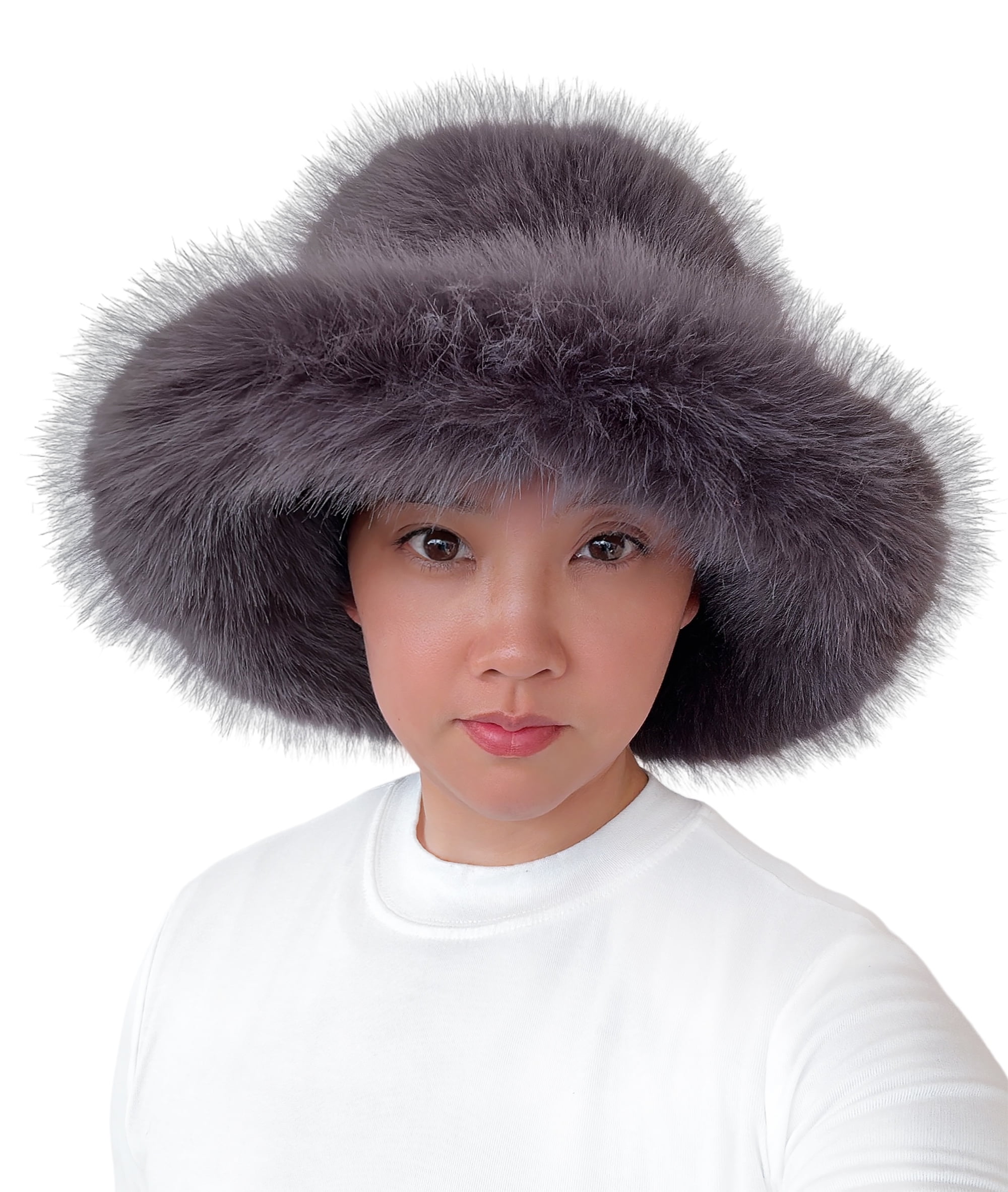 Oversized Winter Faux Fur Bucket Hat for Women - Long Pile Fur Wide ...