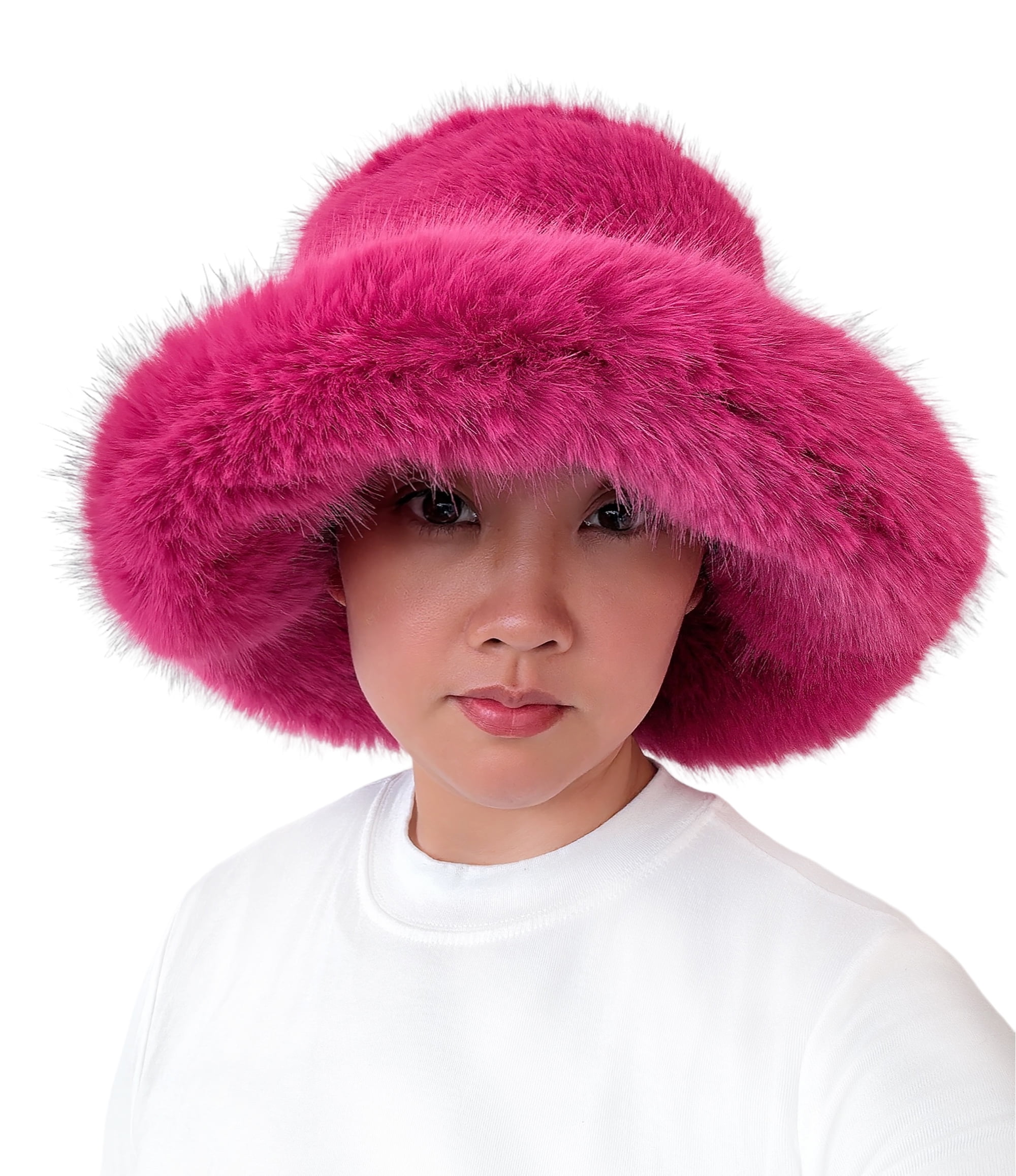 Oversized Winter Faux Fur Bucket Hat for Women - Long Pile Fur Wide ...