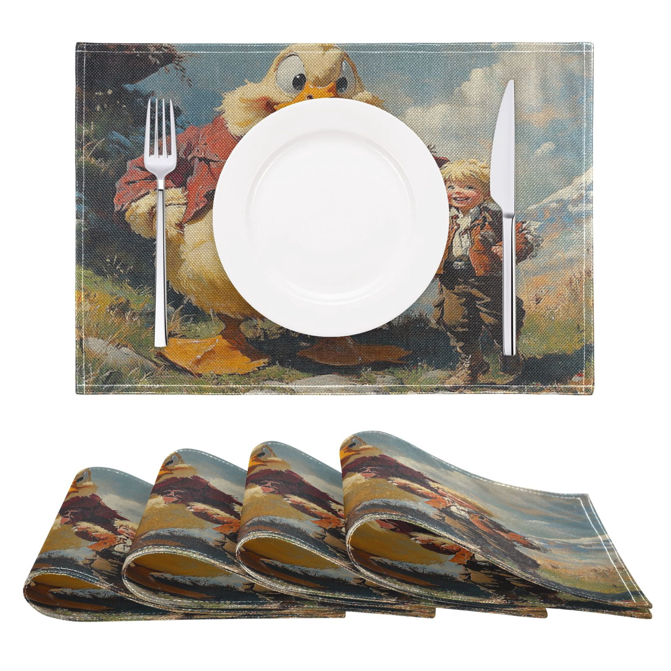 Oversized Yellow Duck and Boy Reversible Placemat Set of 4 Non Slip ...