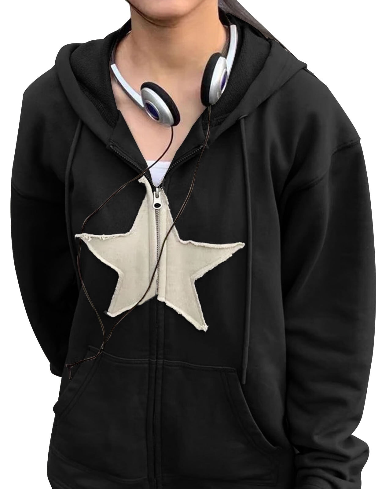 Oversized Zip Up Hoodies for women Y2K Star Patch Sweatshirts Teen Girls Fall Casual Drawstring ...