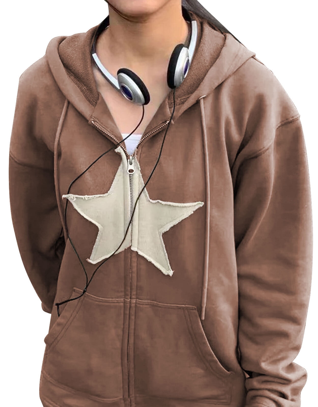 Oversized Zip Up Hoodies for women Y2K Star Patch Sweatshirts Teen Girls Fall Casual Drawstring ...