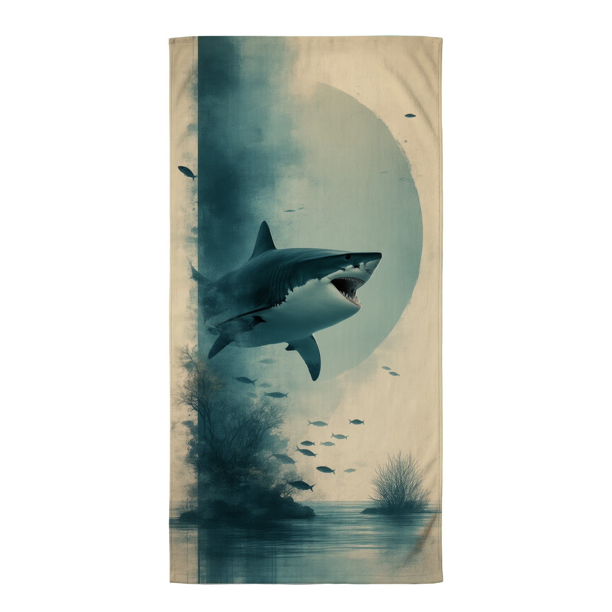 Oversized beach towels shark swims in ocean under full moon thin ...