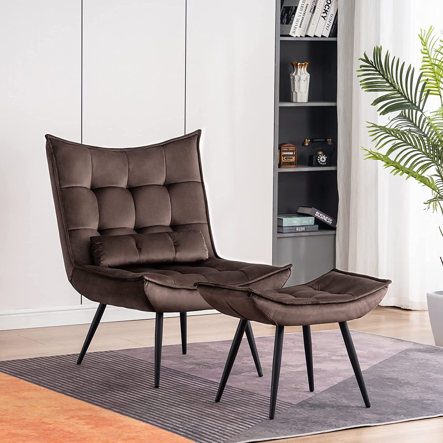 Oversized lounge chair with ottoman, modern velvet wingback accent ...