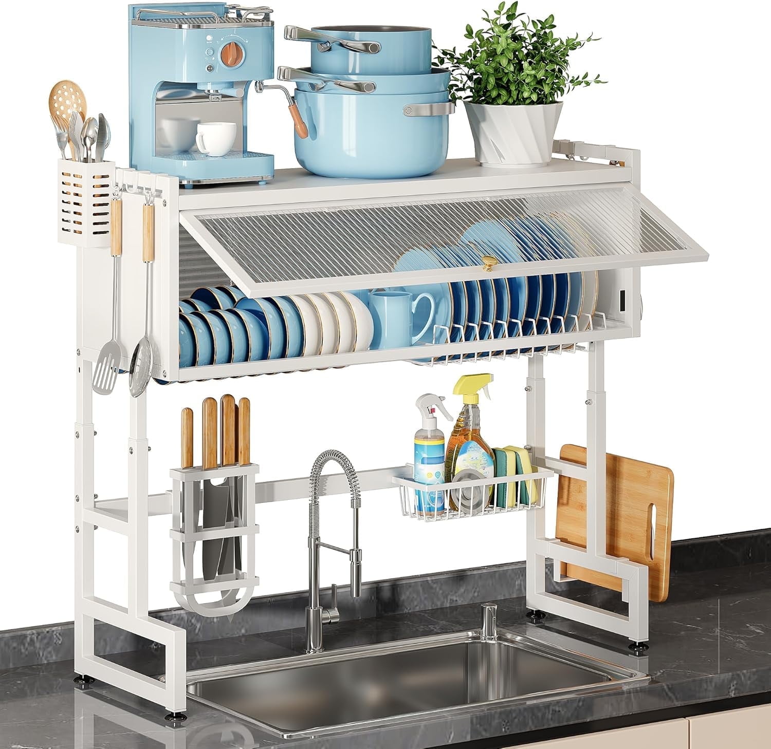 CATGOOD Over the Sink Dish Rack with Cover, Ventilated Stainless Steel ...