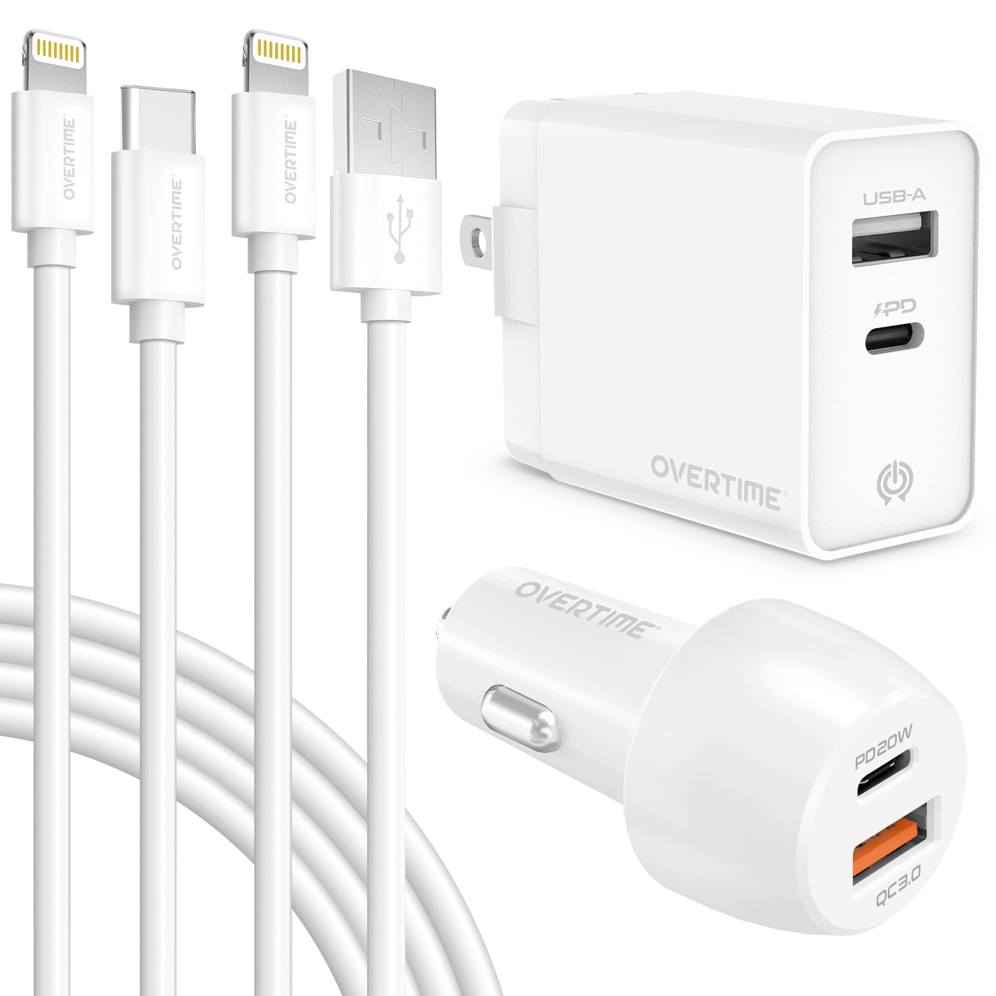 Overtime 4PC Charging Kit, Wall and Car Charger Kit with USB Type-A to ...